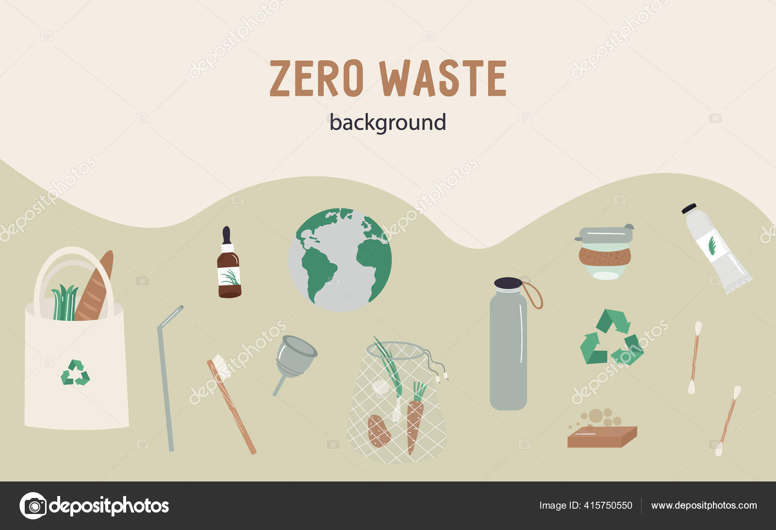 Zero Waste Vector Flat Background Reusable Things Recycling Sign Green ...