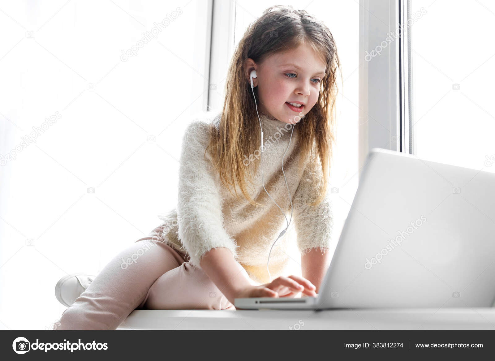 Kids Distance Learning Cute Little Girl Using Laptop Home Education ...