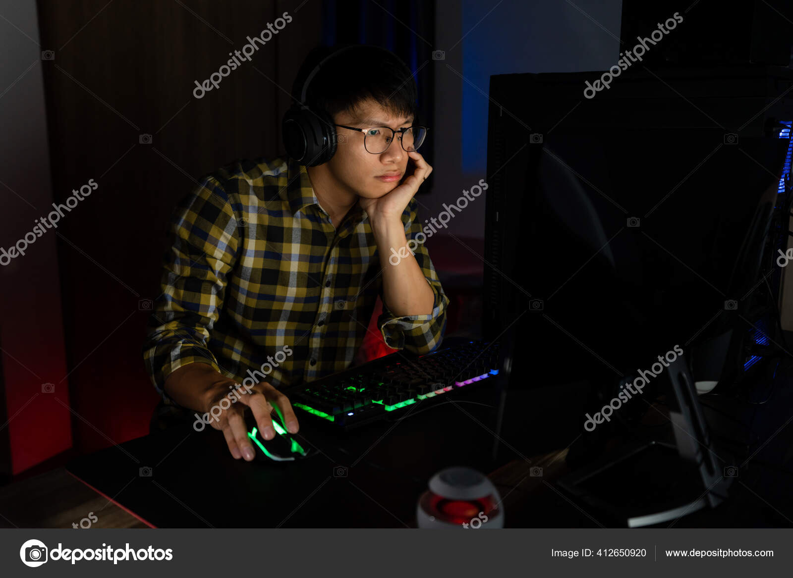 Asian Man Gamer Headphones Stressed Hand Feel Depressed Angry Shocked ...