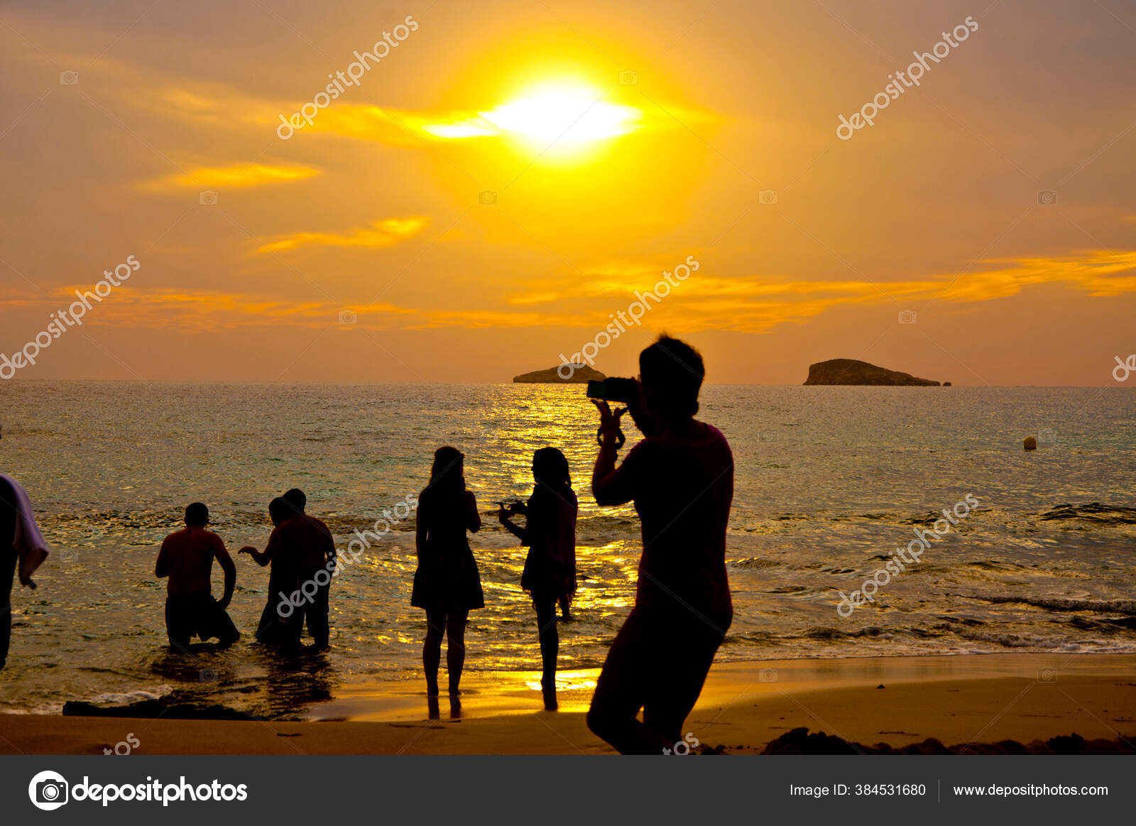 People Watching Sunset Benirras Beach Ibiza Island Boats Anchored ...