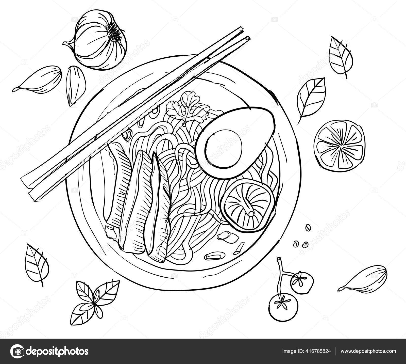 Mie otentik kuliner Asia tangan makanan menggambar sketsa putih isolasi ...