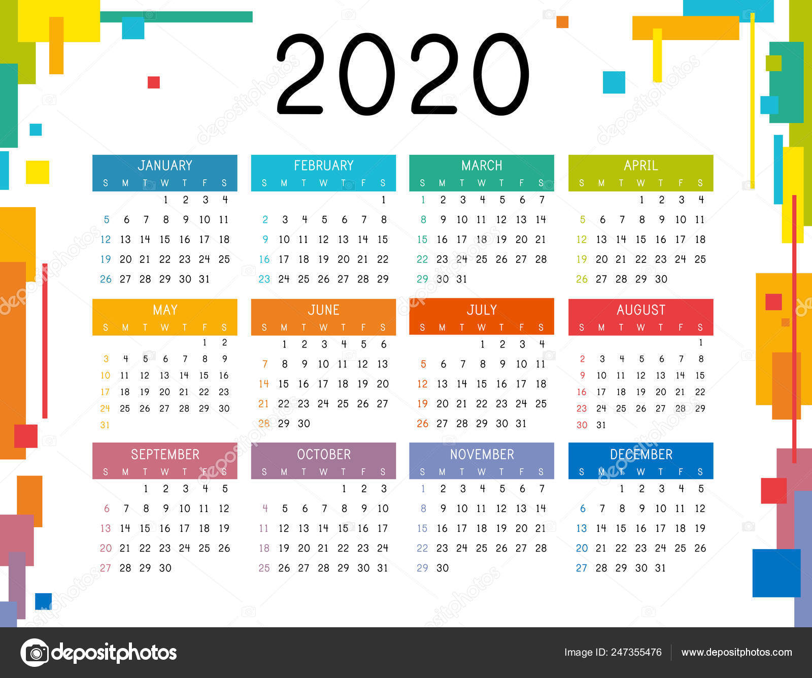 Kalendář 2020 Bílém Pozadí Barevný Kalendář Pro Rok 2020 Jednoduchý ...