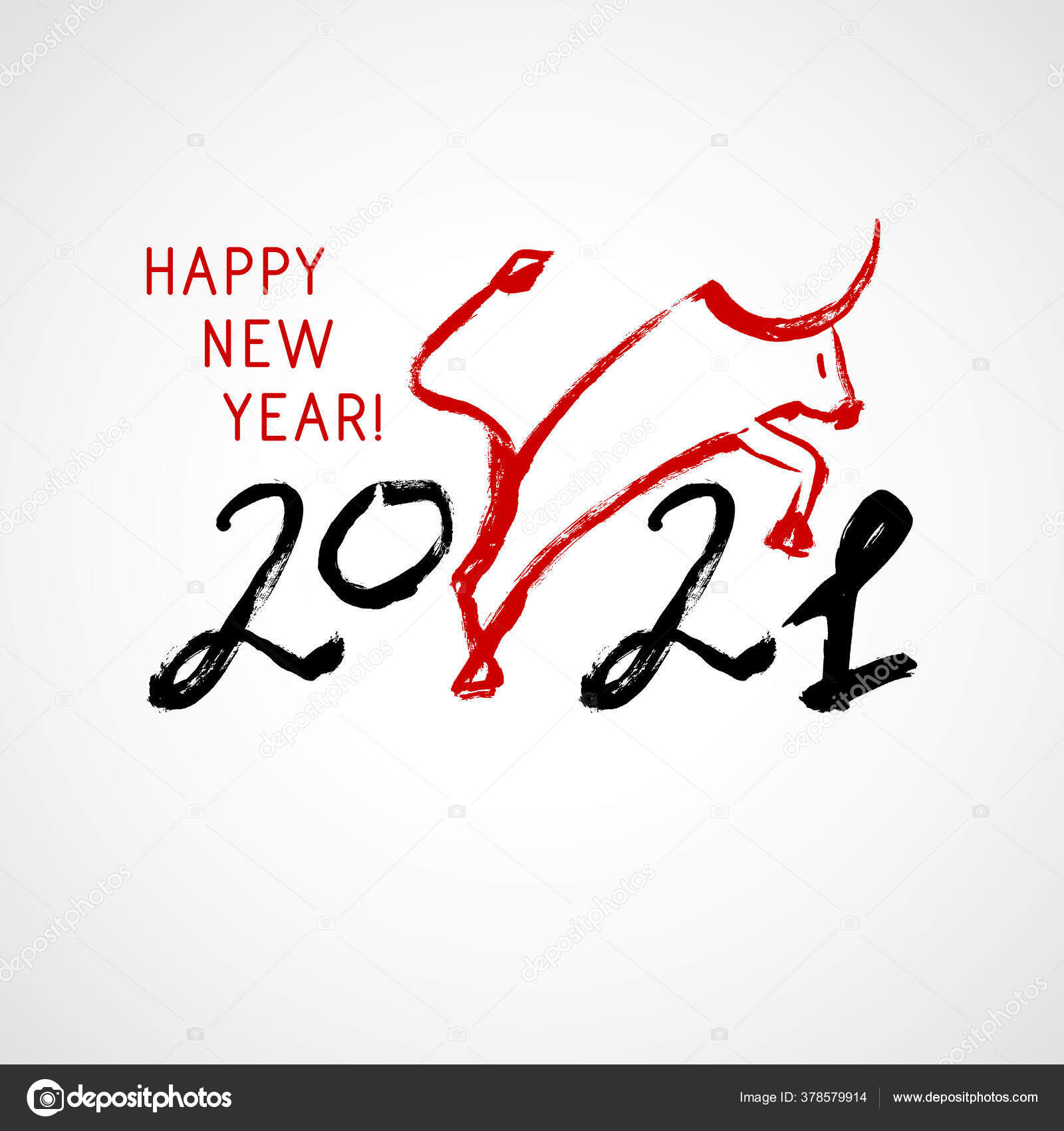 Greeting Card Design Template Chinese Calligraphy 2021 New Year Bull ...