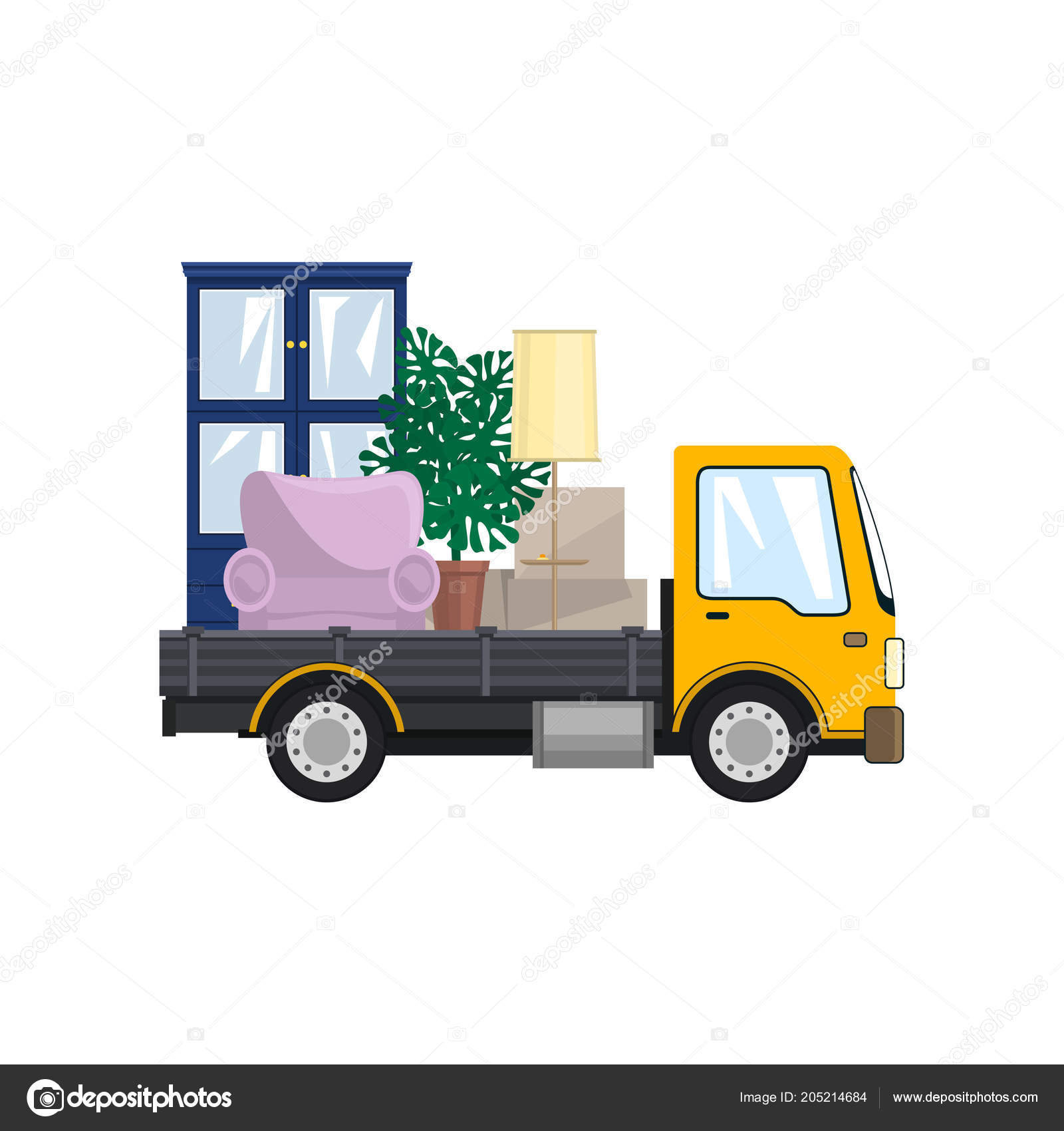 Yellow Freight Small Car Transporting Furniture Isolated White ...