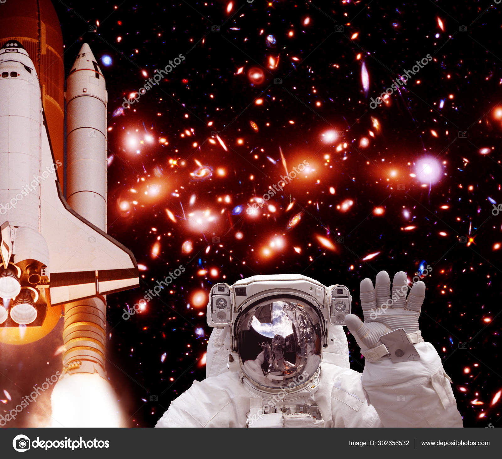 Big rocket (shuttle), waving astronaut and galaxy on the backdro ...