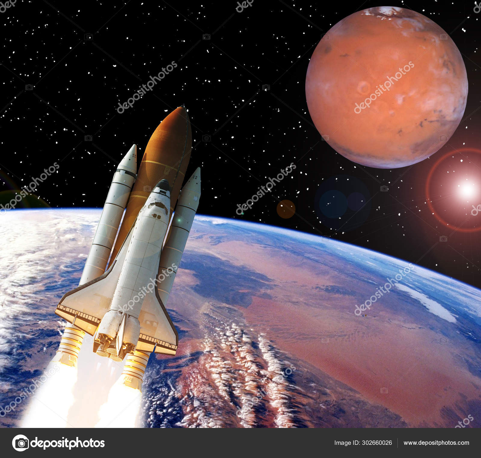 Rocket above earth. Mars in the distance. The elements of this i ...