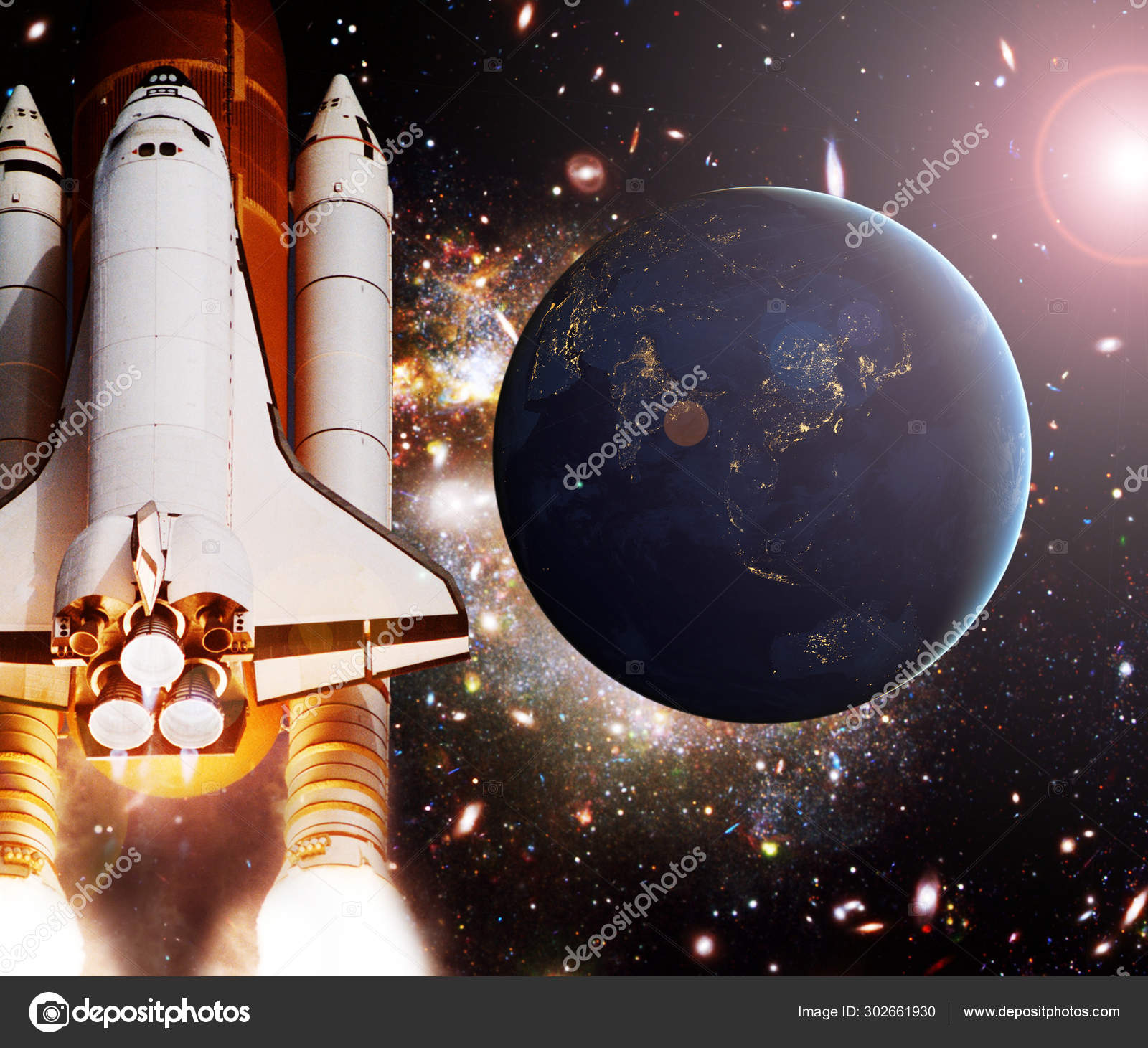 Rocket (shuttle) and earth globe. The elements of this image fur ...