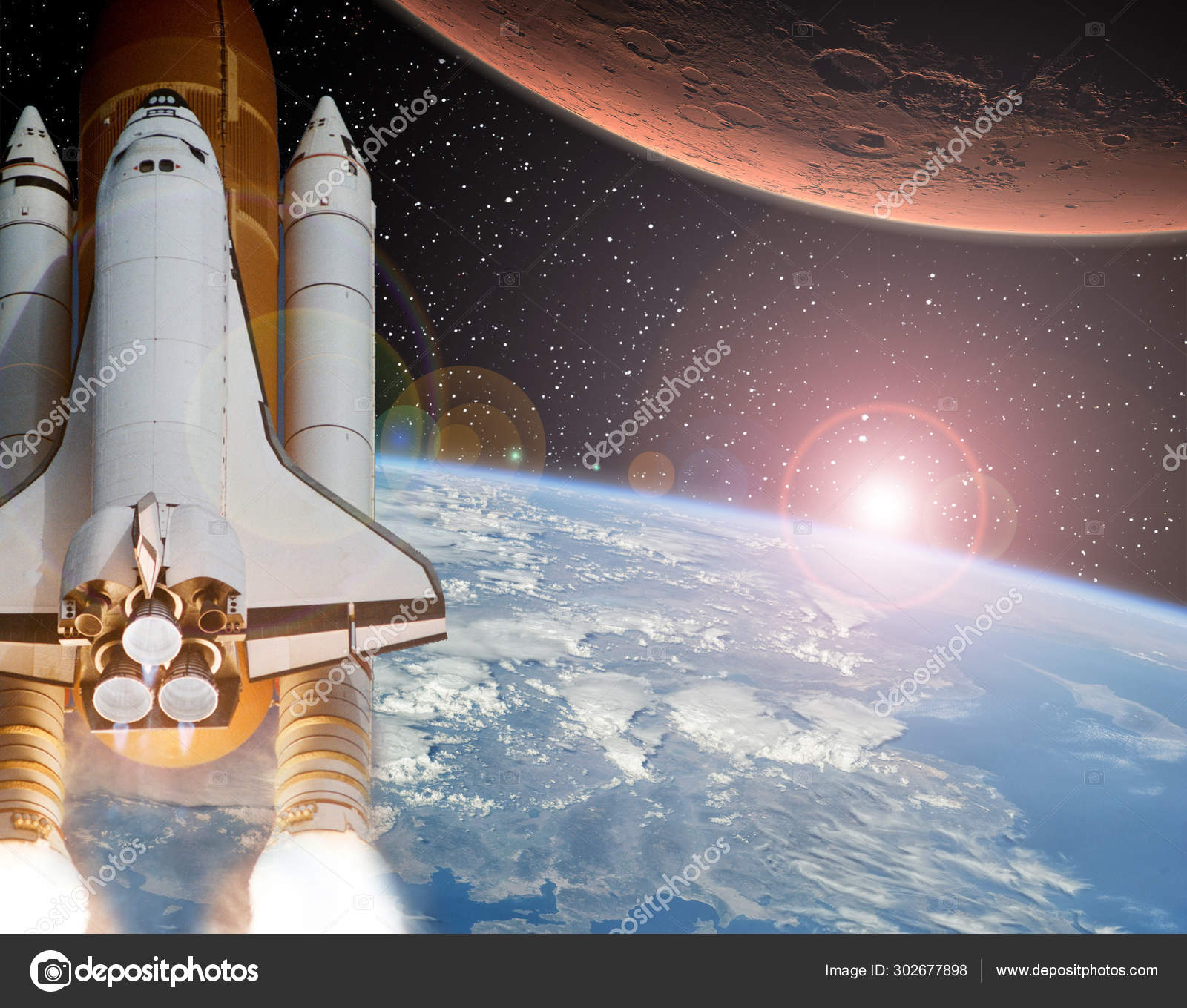 Rocket flies from earth to Mars. Sunrise on the backdrop. The el ...