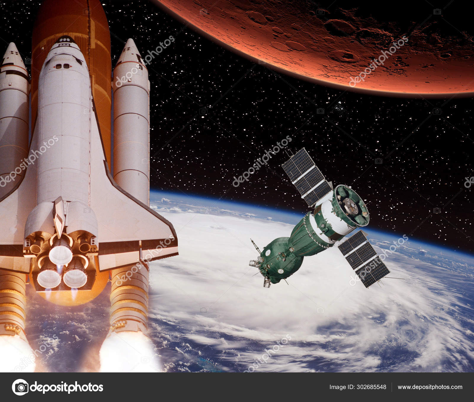 Rocket flies from earth to Mars. Spaceship in the distance. The — Stock ...