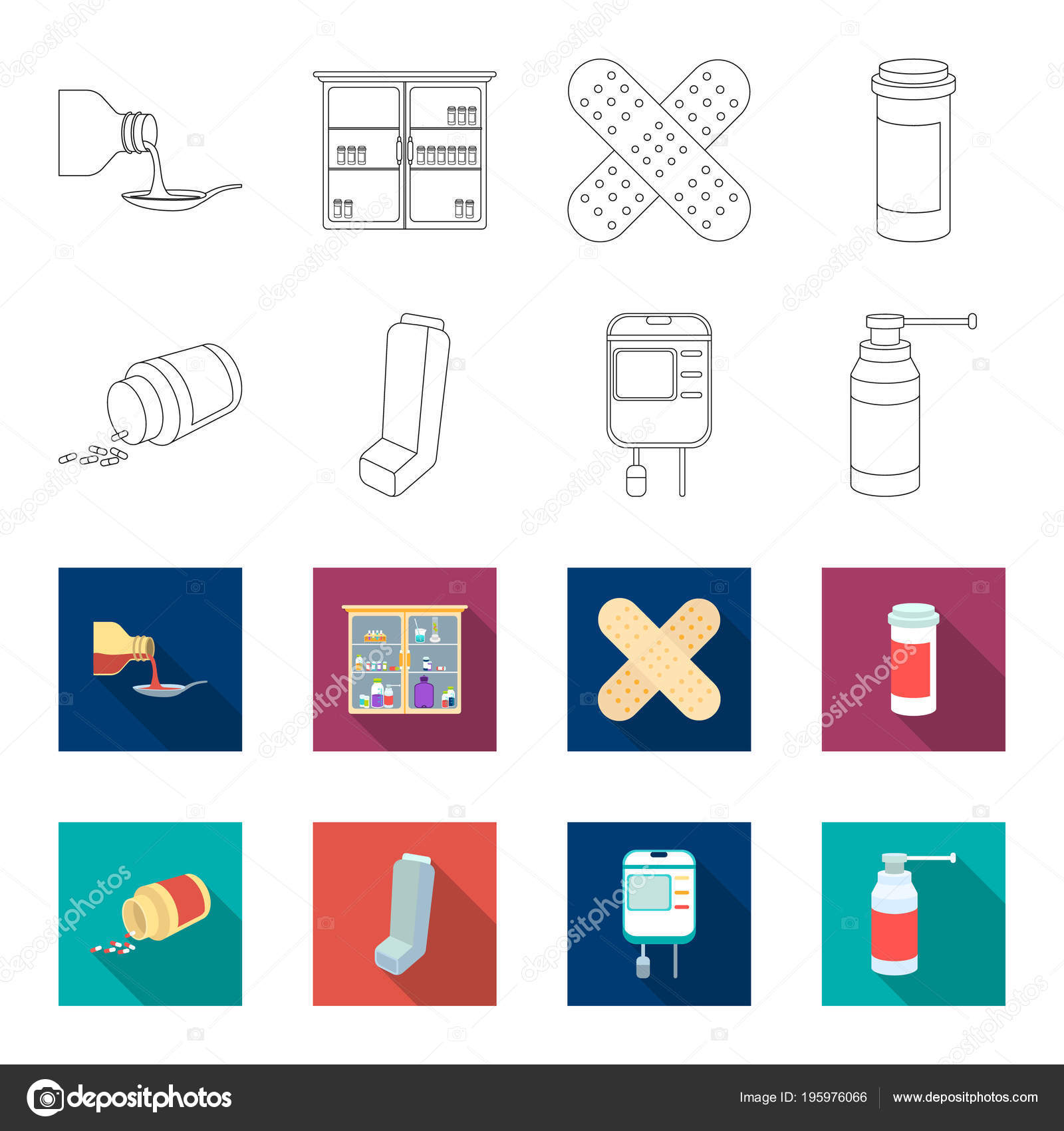 Image vectorielle Comprimés, inhalateur, récipient avec du sang ...