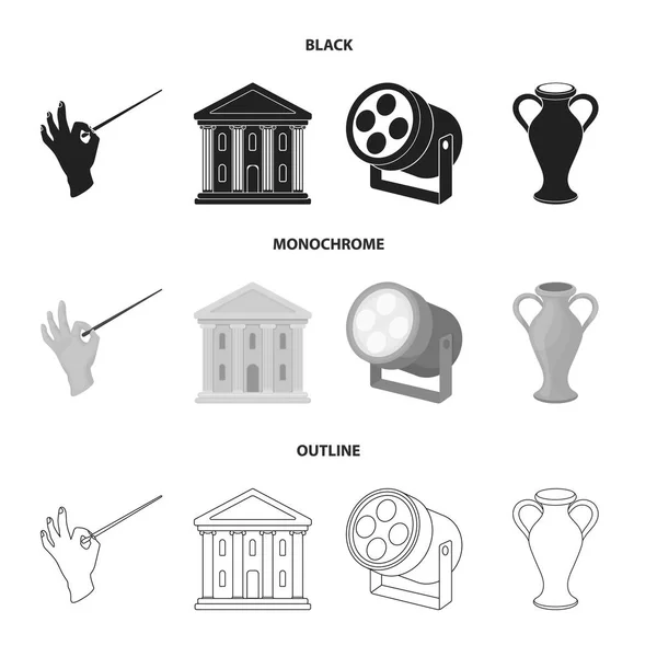 Conductor baton, theater building, searchlight, amphora.Theatre set ...