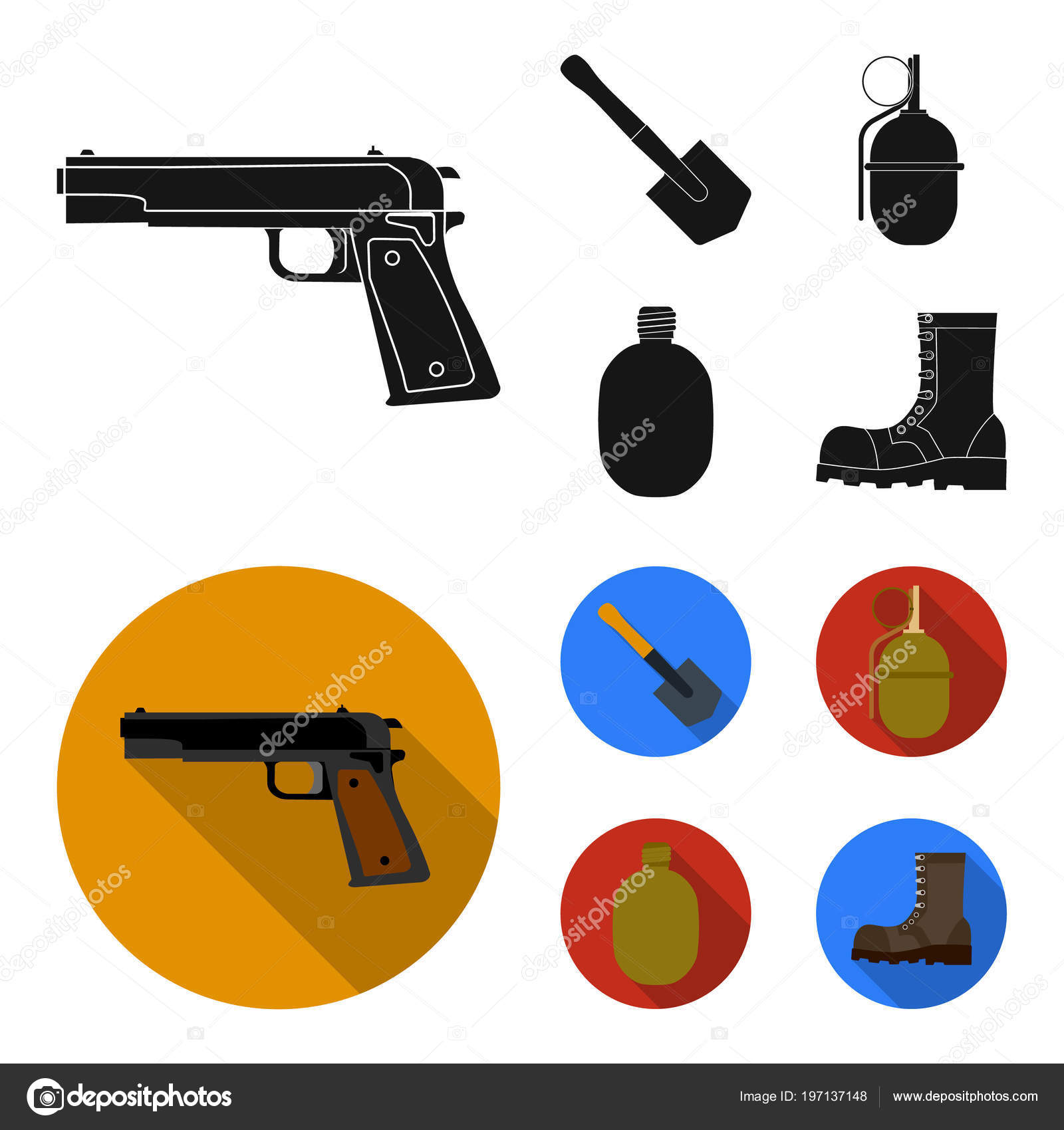 Sapper blade, hand grenade, army flask, soldier boot. Military and army ...