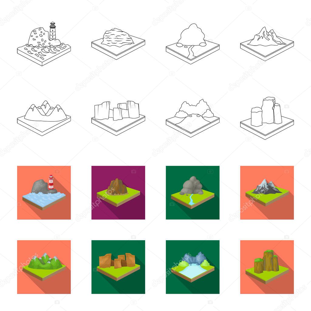 Montañas, rocas y paisaje. Relieve y montañas establecen iconos de ...