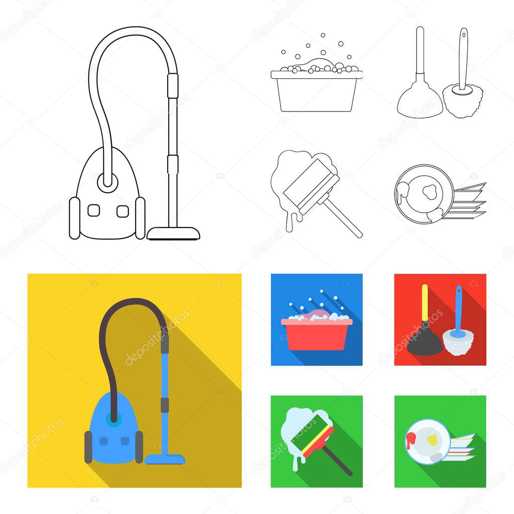 Esquema de limpieza y limpieza, iconos planos en la colección de ...