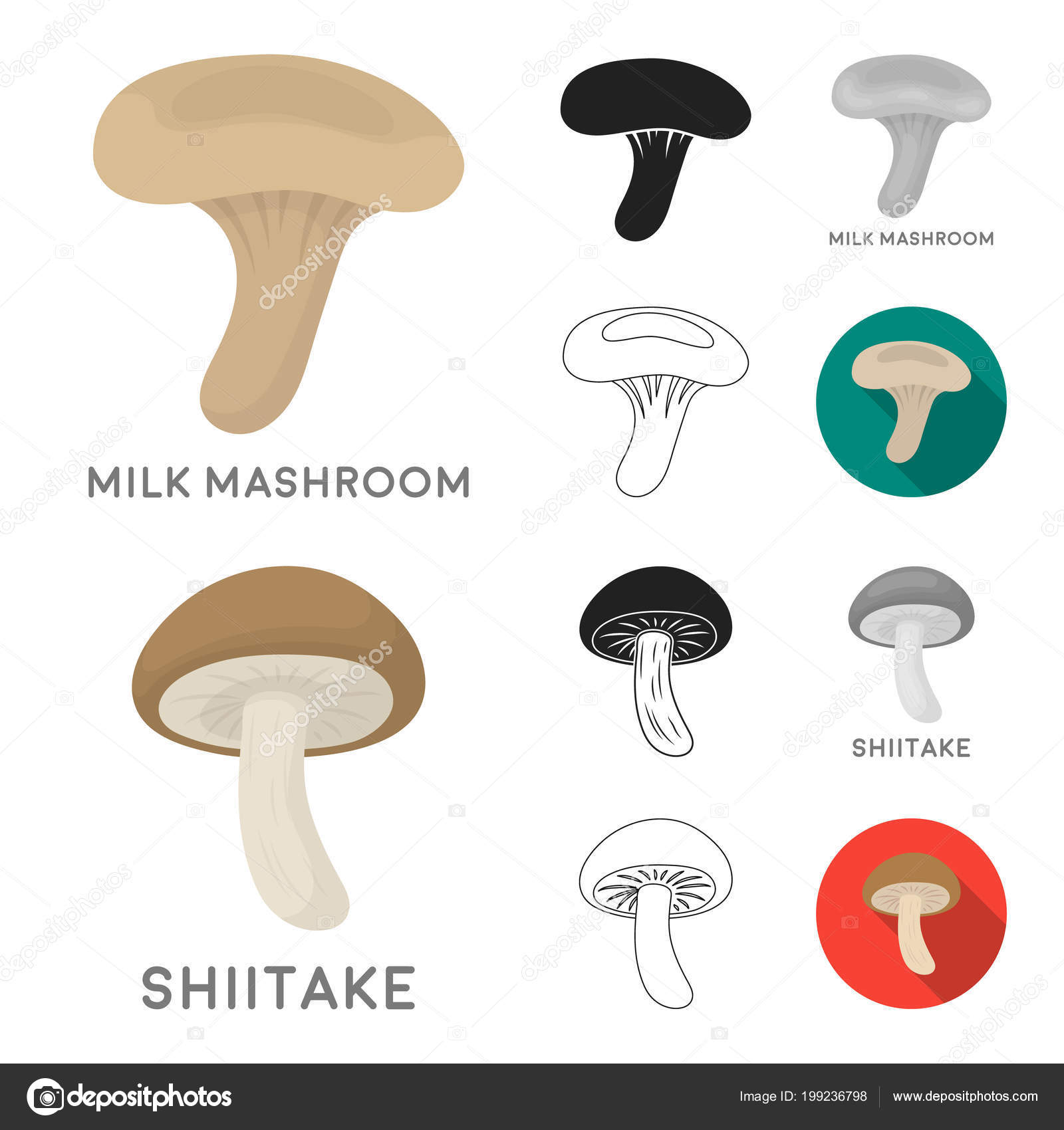 Dibujos animados de setas venenosas y comestibles, negro, plano, monocromo, iconos de contorno ...