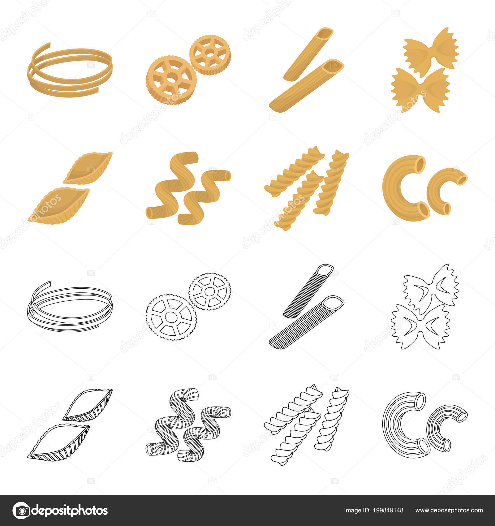 Different types of pasta. Types of pasta set collection icons in ...