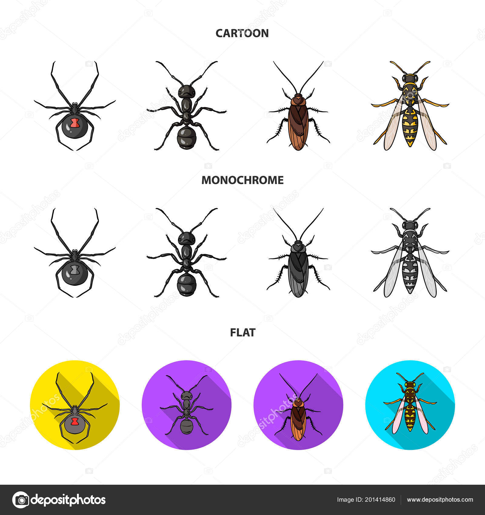 Spider, hormiga, avispa, abeja .Insectos conjunto de iconos de la ...