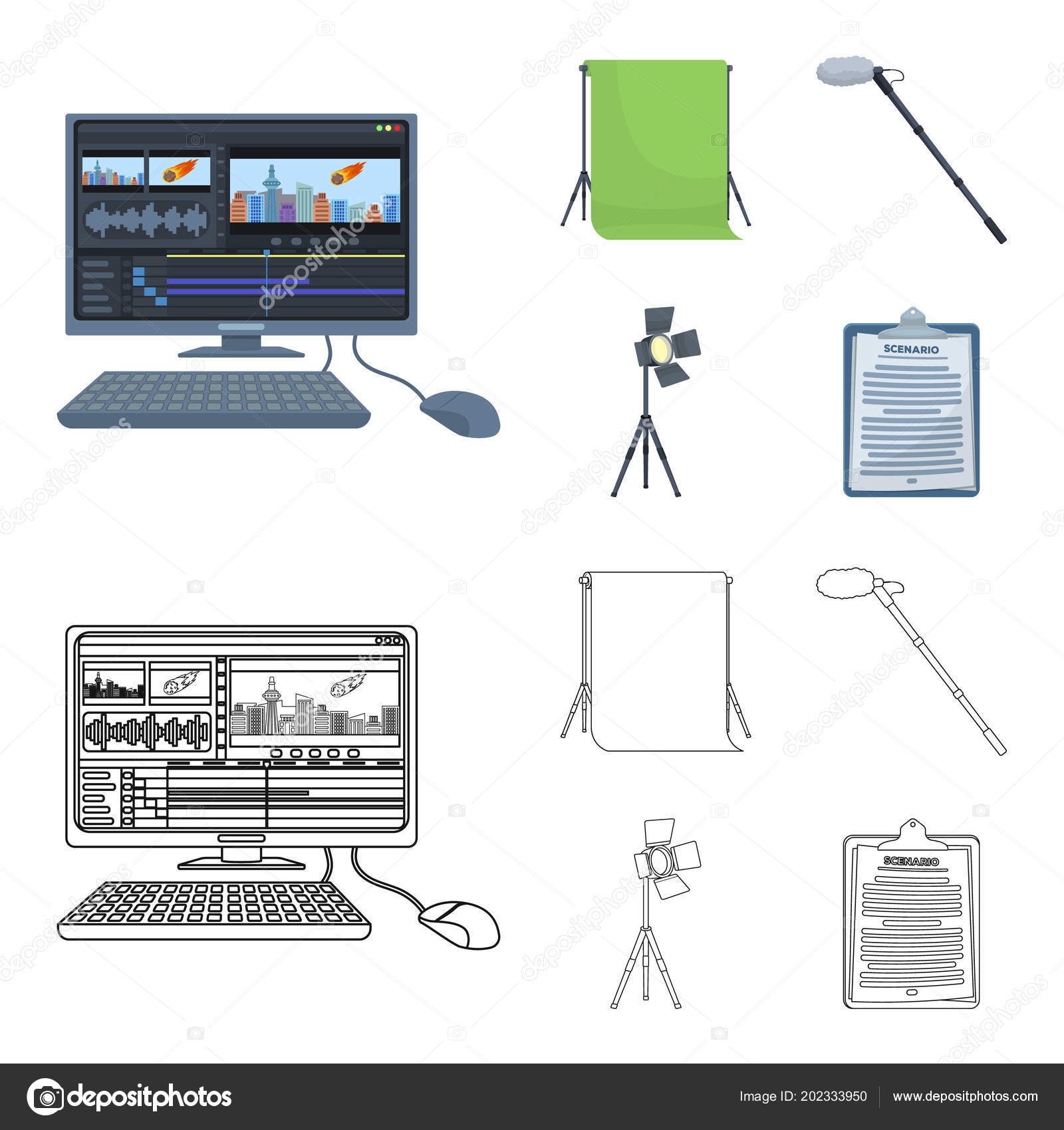 Hromakey, script and other equipment. Making movies set collection ...