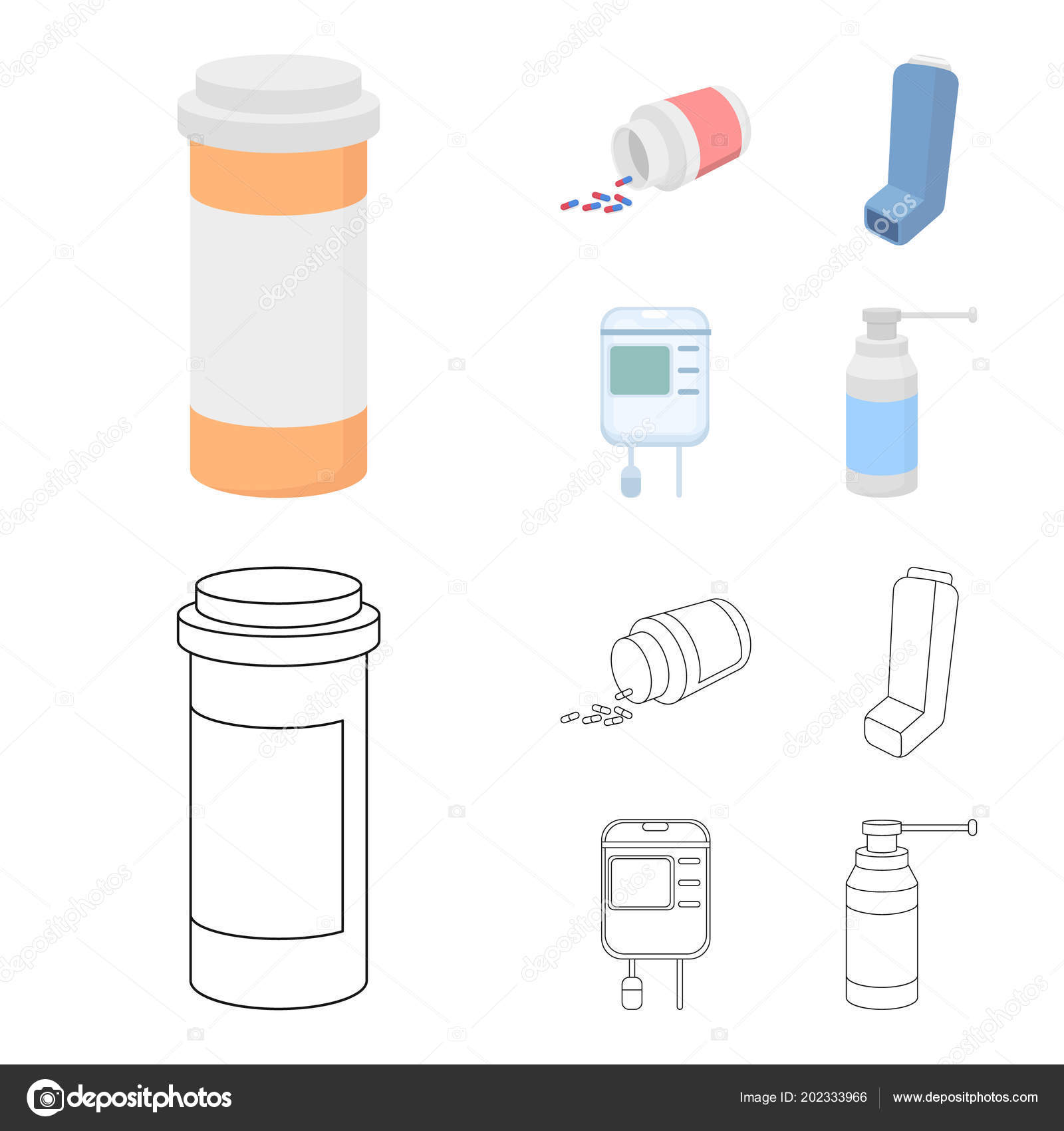 Image vectorielle Comprimés, inhalateur, récipient avec du sang ...