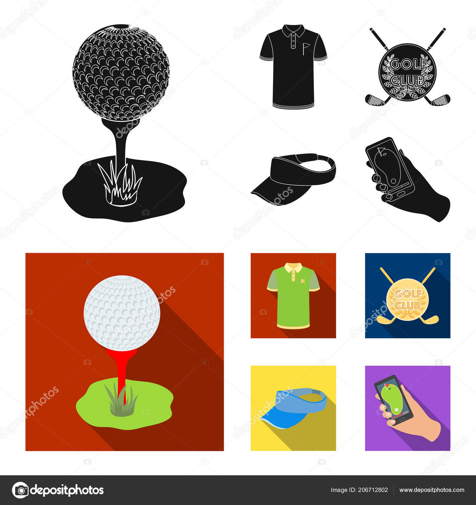 Emblem of the golf club, cap with a visor, golfer shirt, phone with a ...