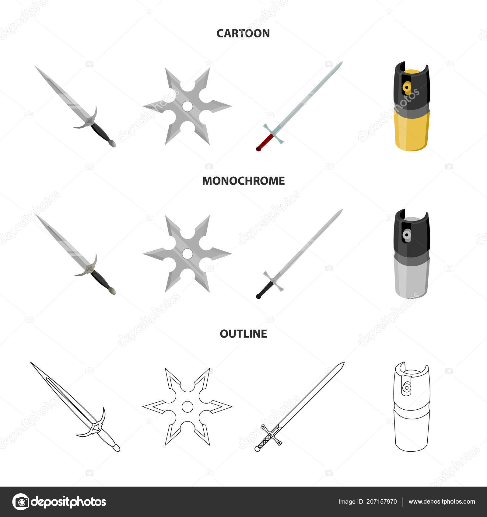 Sword, two-handed sword, gas balloon, shuriken. Weapons set collection ...