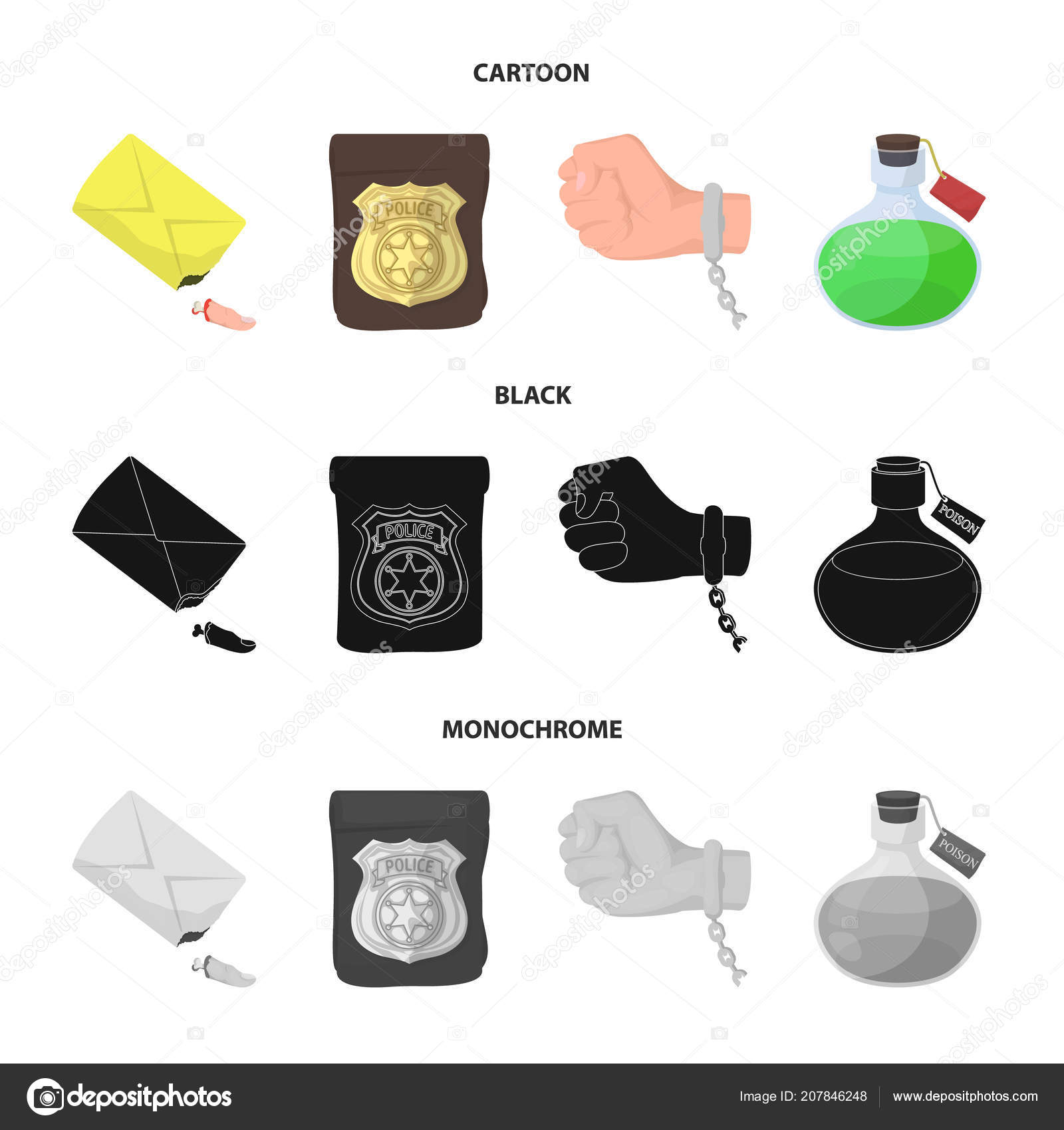 The detective badge, the handcuff on the criminal hand, the stump of ...