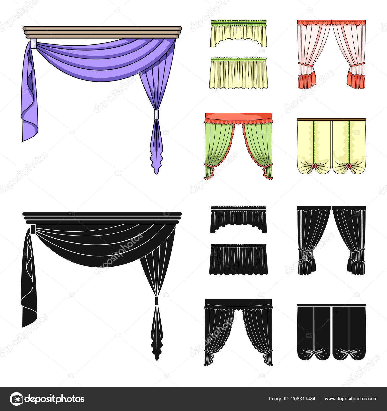 Diferentes tipos de cortinas de ventana.Cortinas conjunto de iconos de ...
