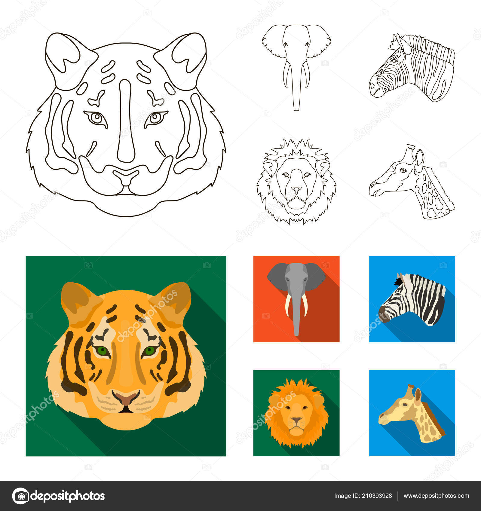 Tiger, lion, elephant, zebra, Realistic animals set collection icons in ...