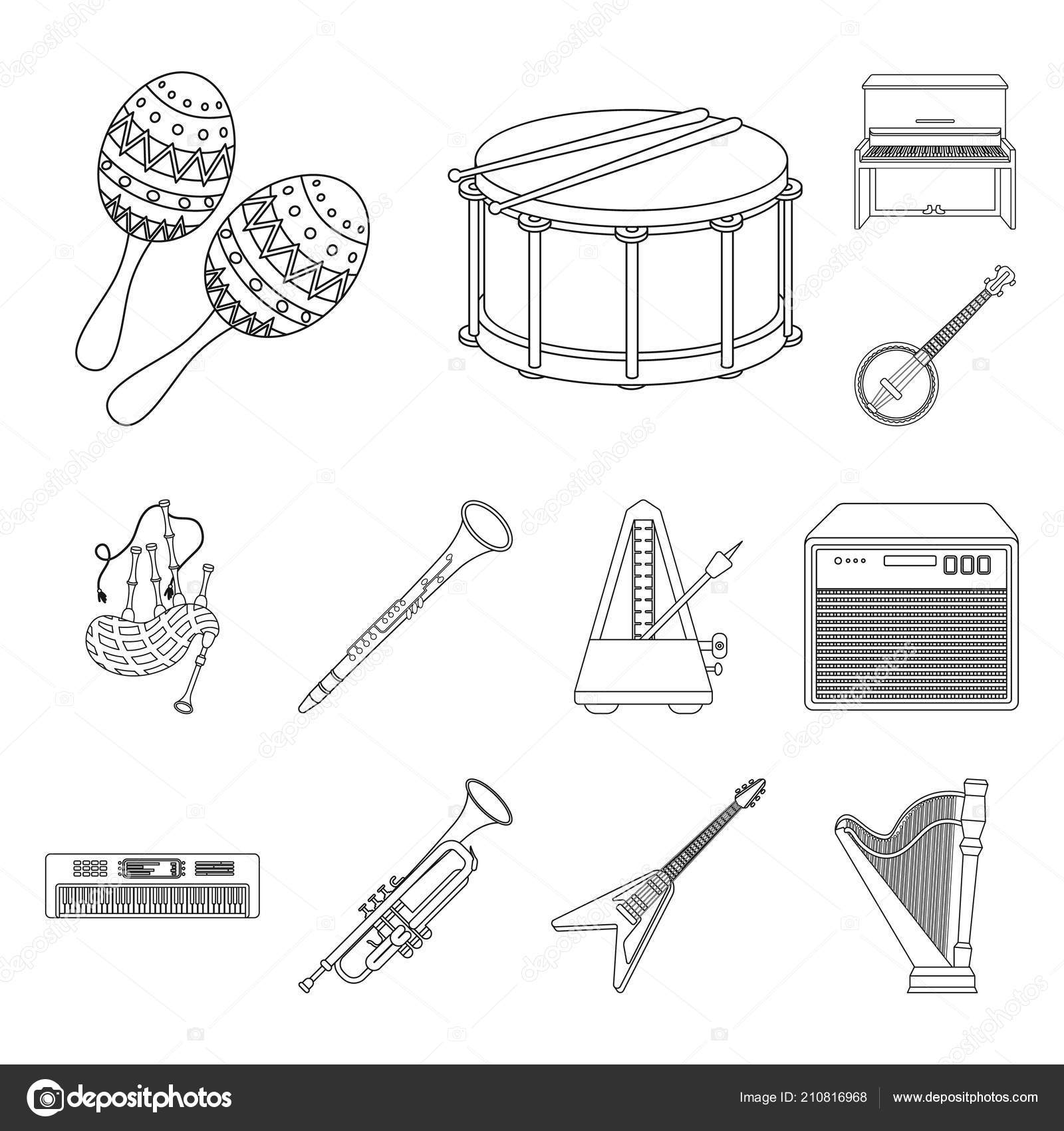 Musical instrument outline icons in set collection for design. String ...