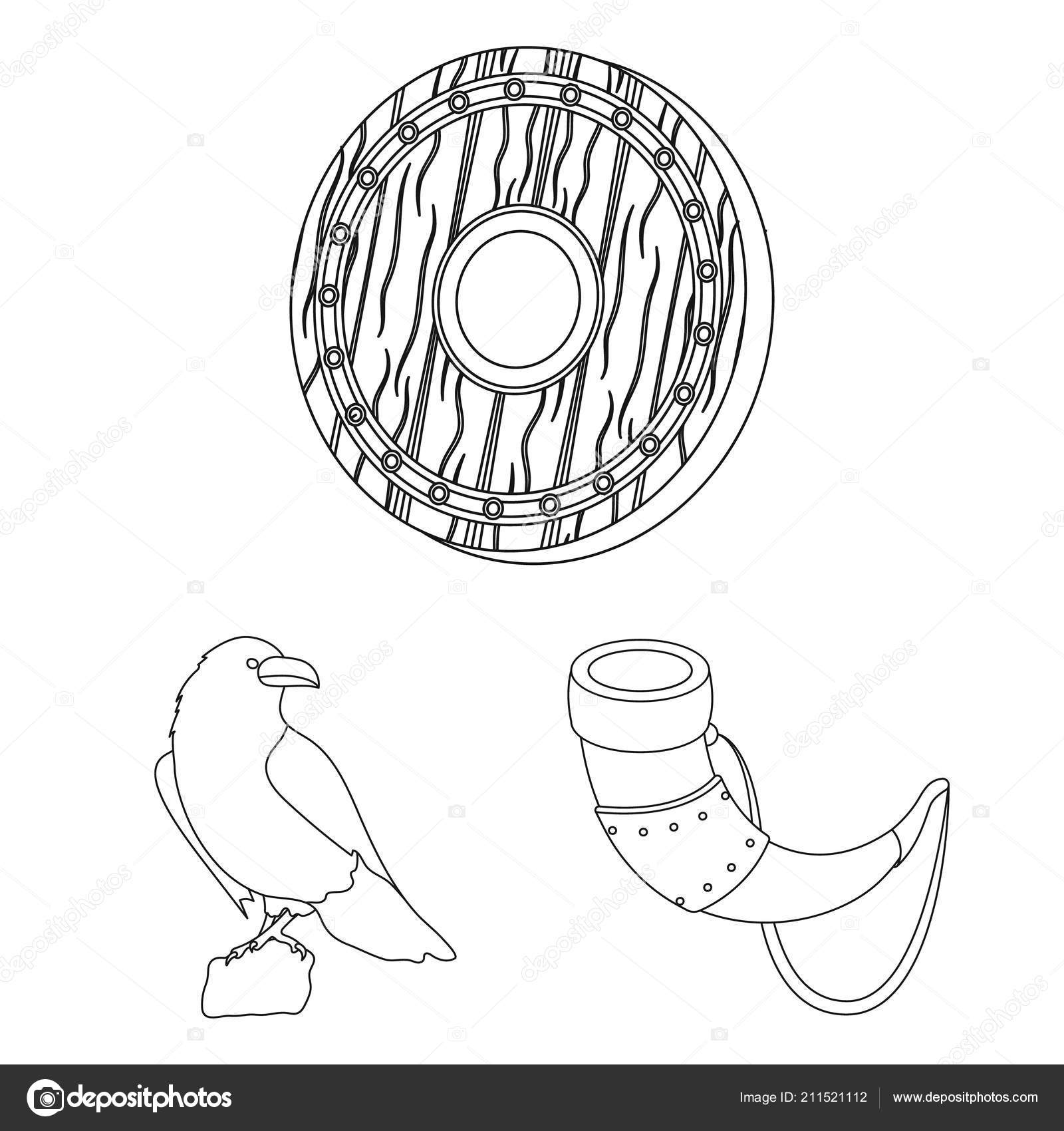 Vikings and attributes outline icons in set collection for design.Old ...