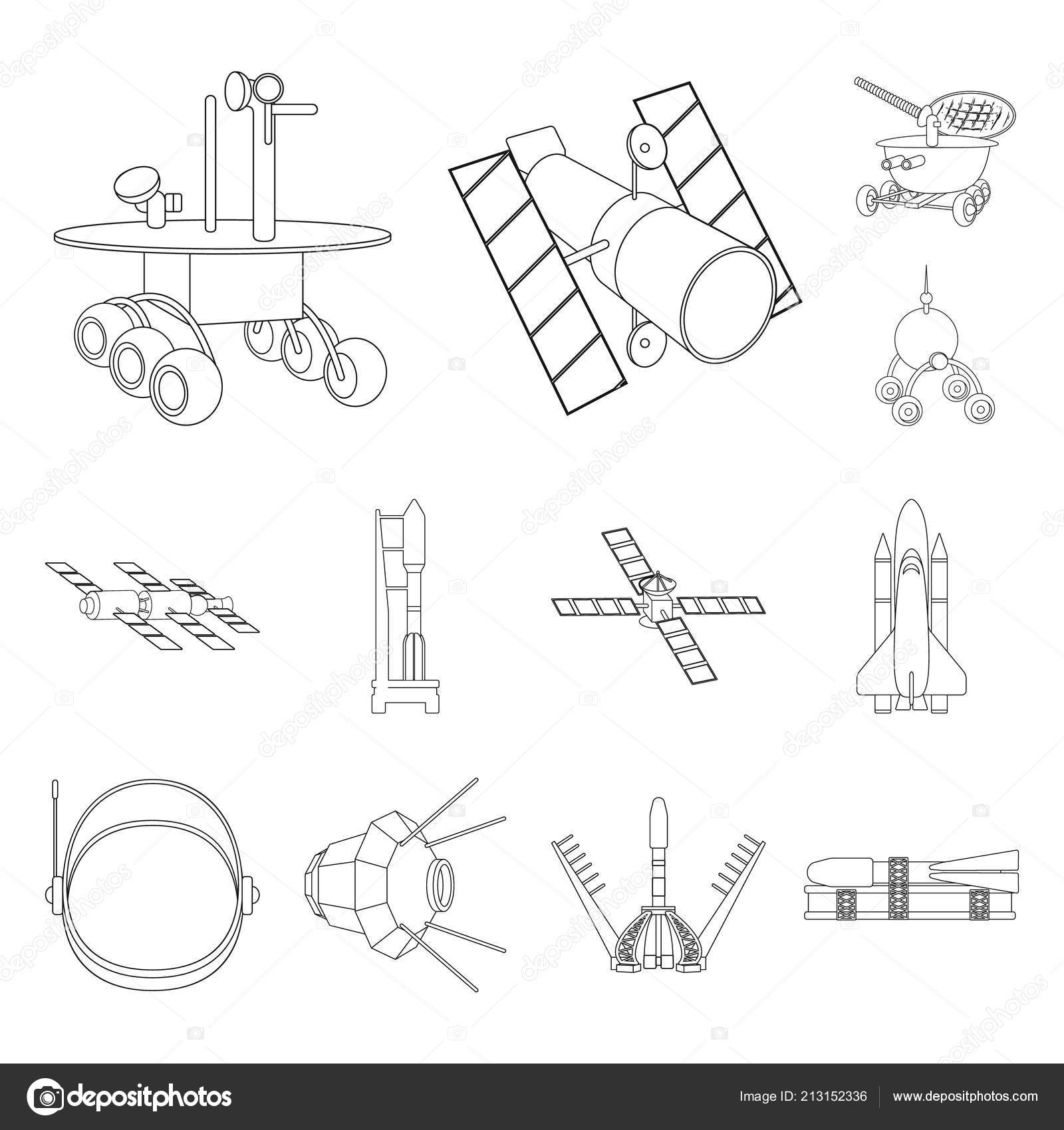 Space technology outline icons in set collection for design.Spacecraft ...