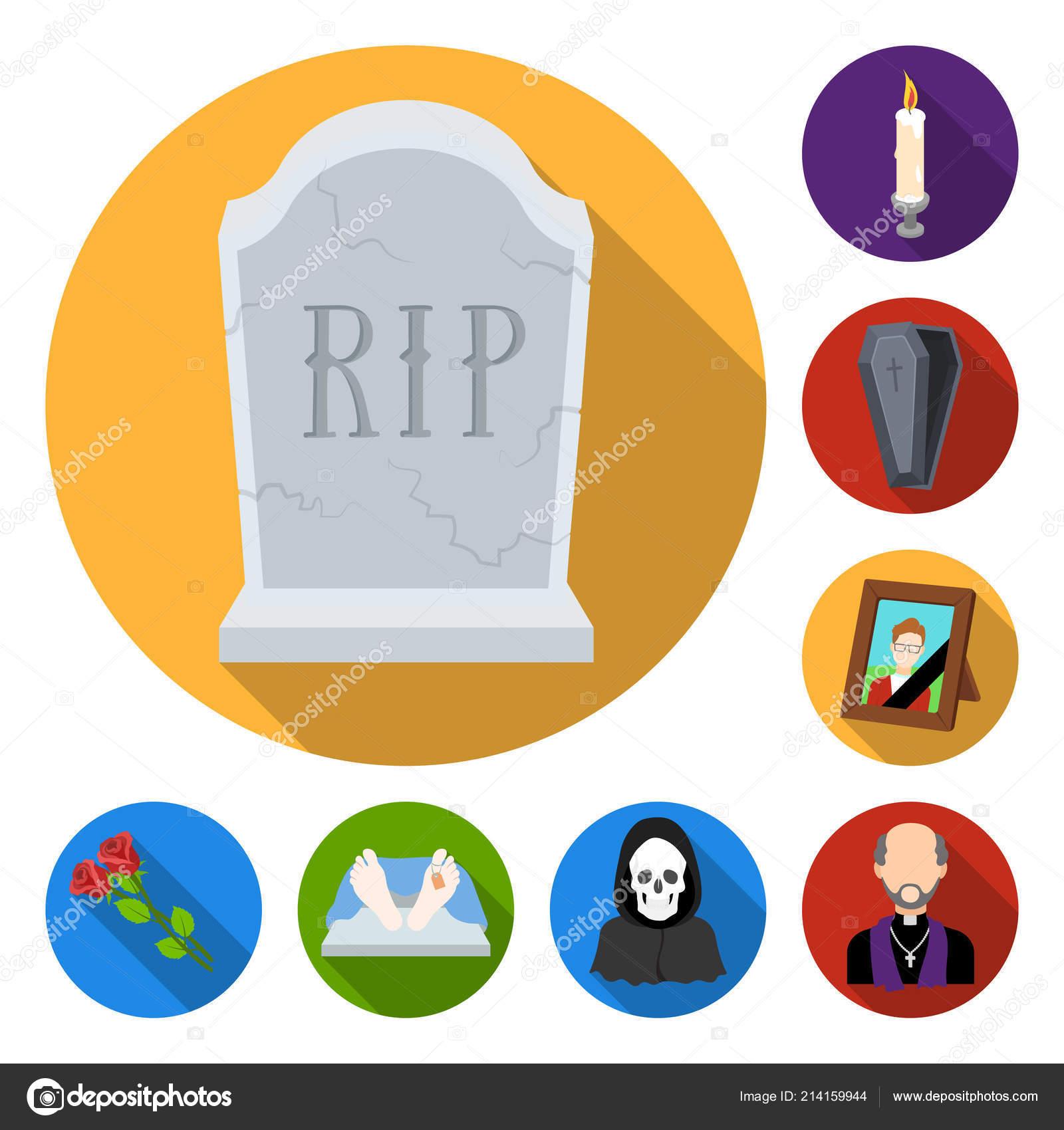 Ceremonia funeraria iconos planos en conjunto de colección para el ...