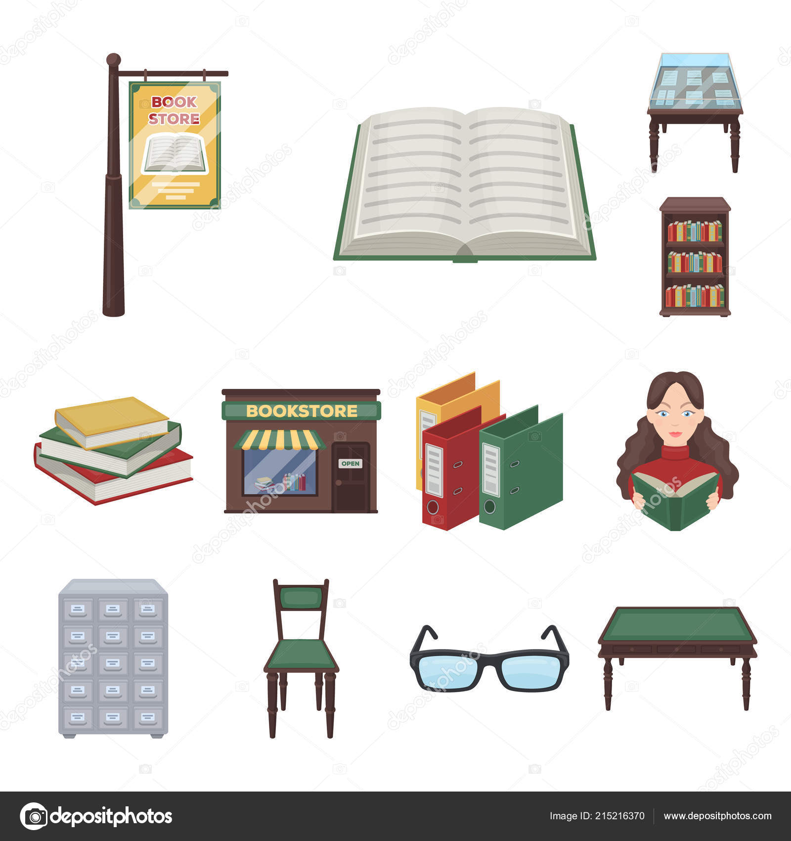 Library and bookstore cartoon icons in set collection for design. Books ...