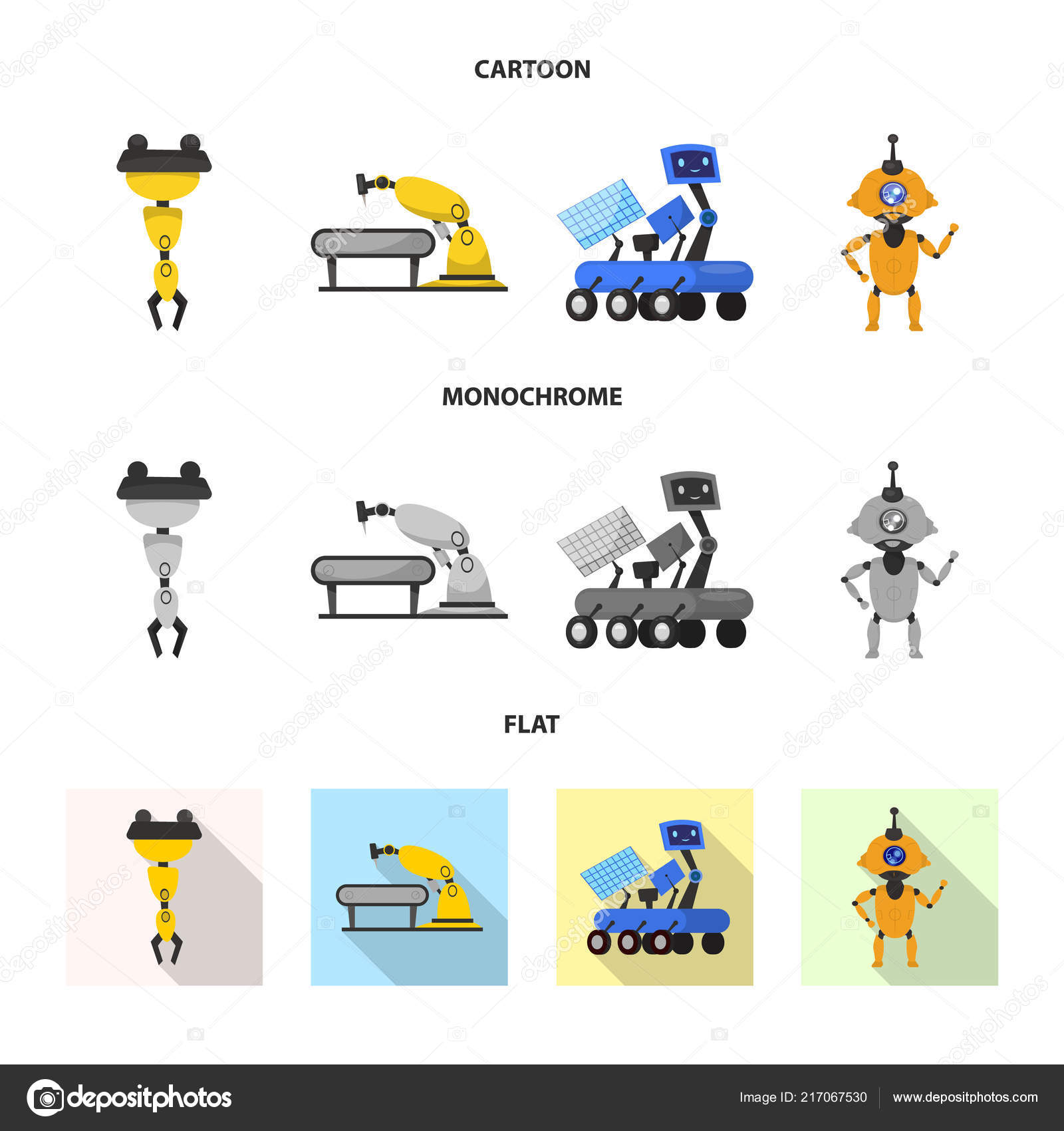 Vector illustration of robot and factory icon. Set of robot and space ...