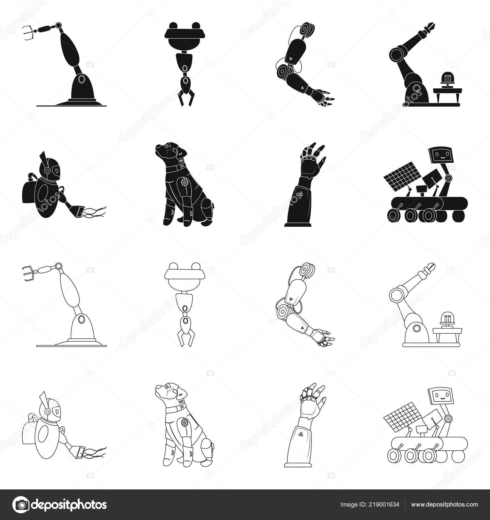 Vector illustration of robot and factory sign. Collection of robot and ...