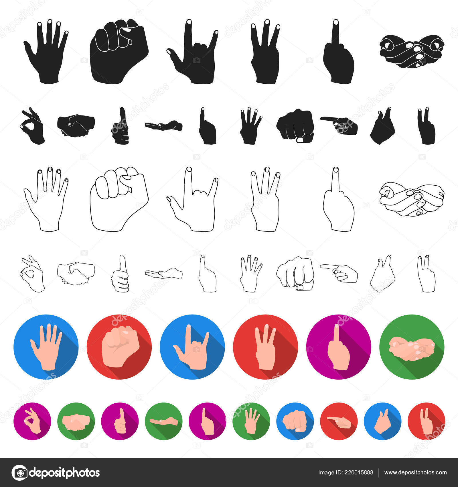 Hand gesture flat icons in set collection for design. Palm and finger ...