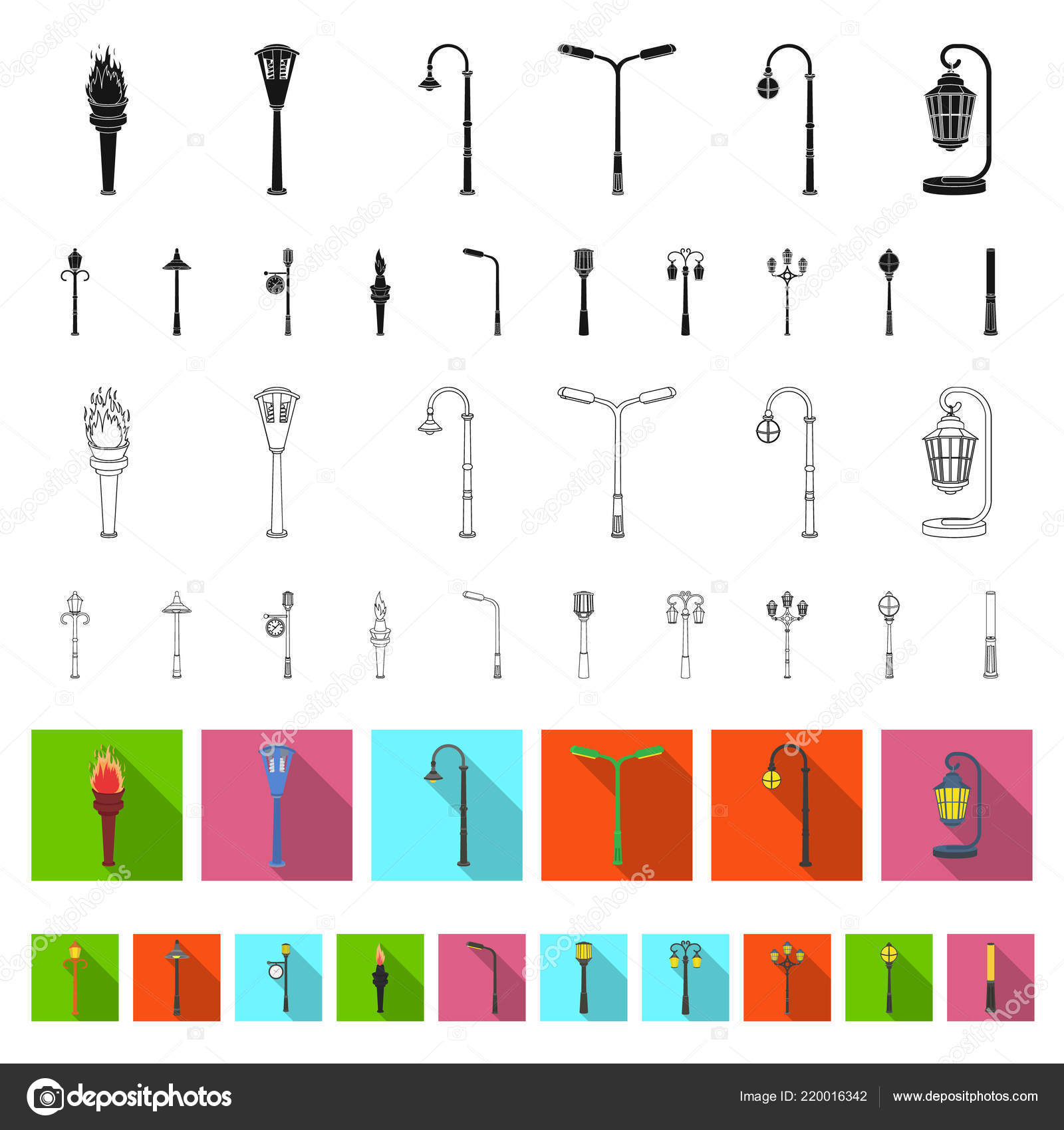 Lamp post flat icons in set collection for design. Lantern and lighting ...