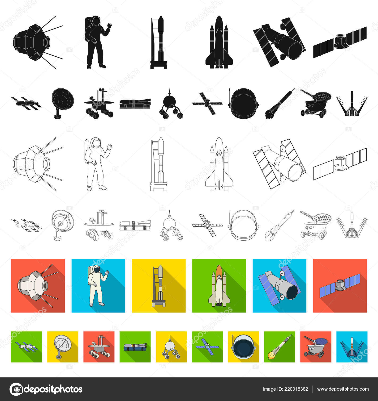 Space technology flat icons in set collection for design.Spacecraft and ...