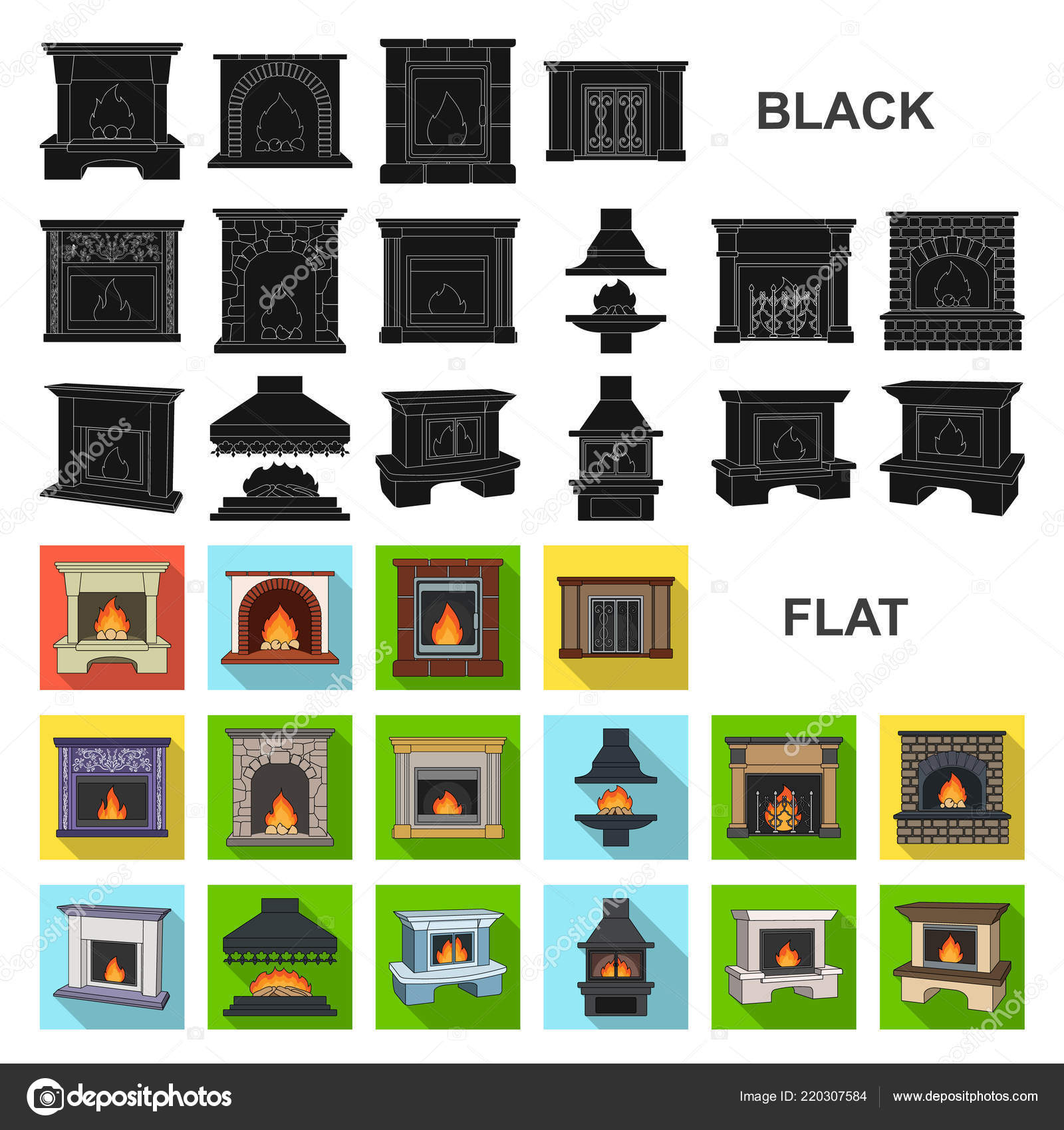 Diferentes tipos de chimeneas iconos planos en la colección de ...