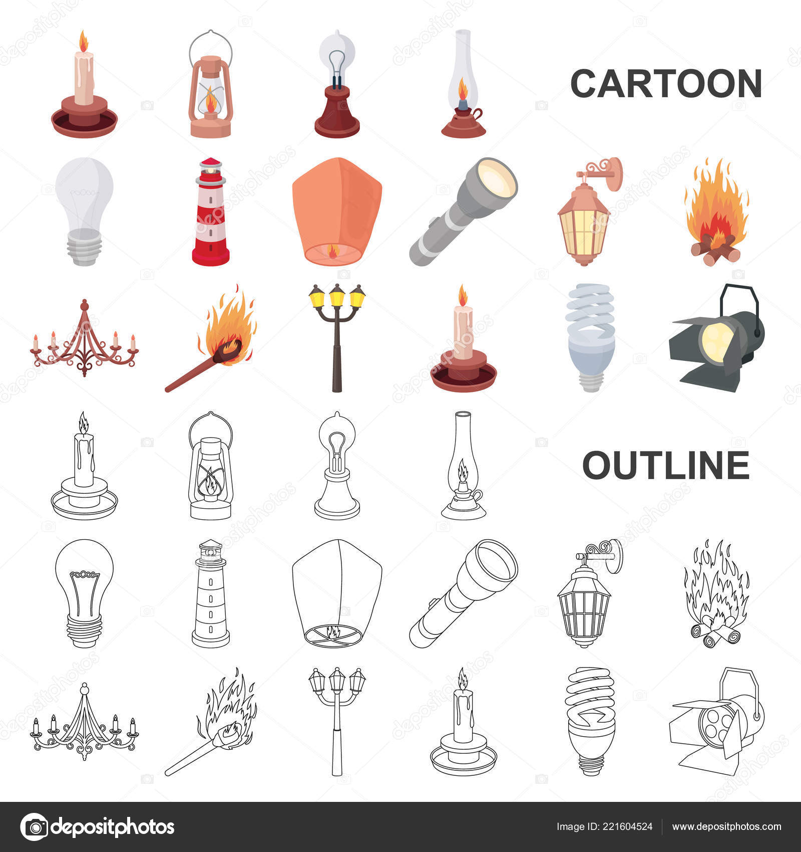 Light source cartoon icons in set collection for design. Light and ...
