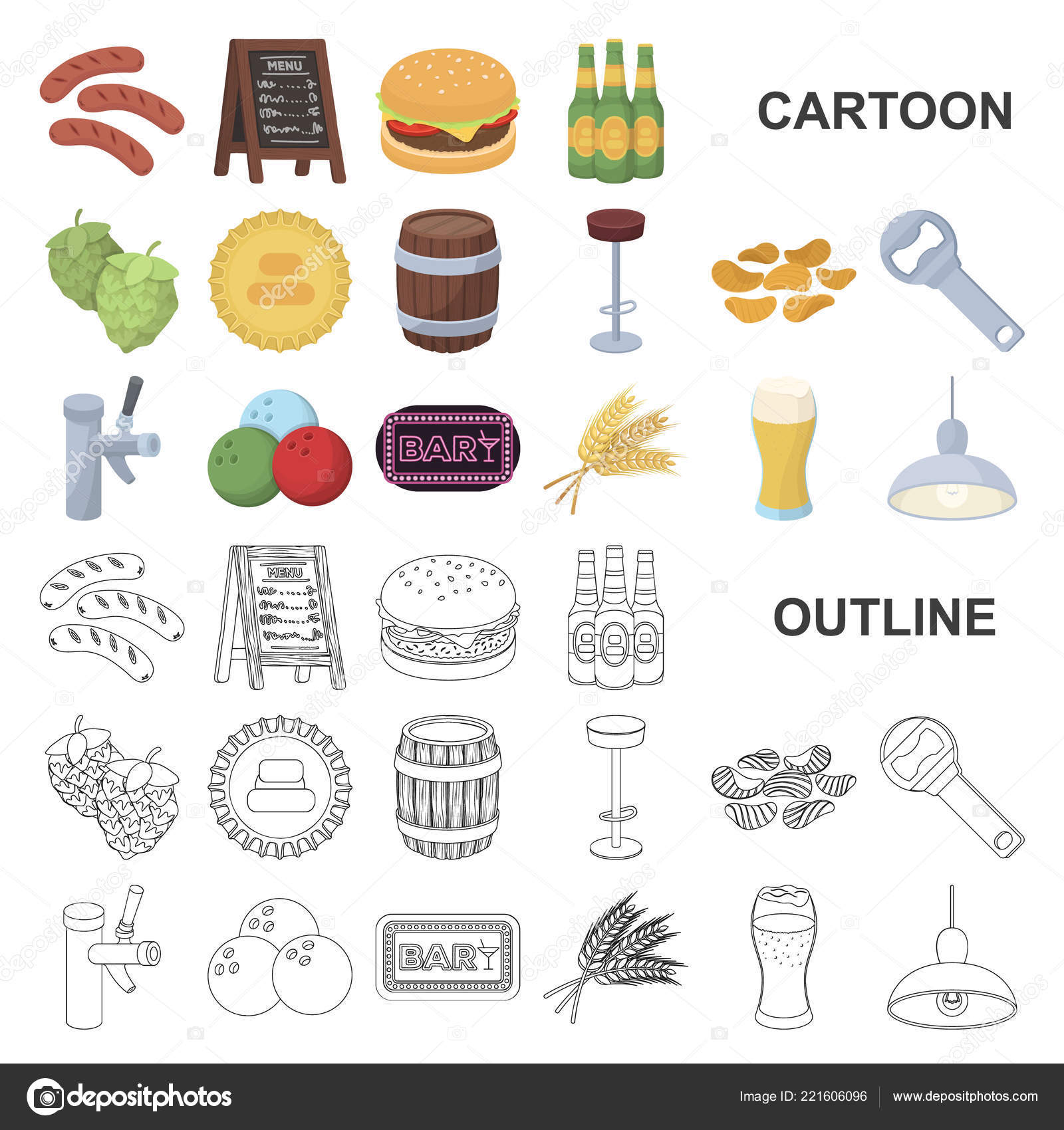 Pub, interior and equipment cartoon icons in set collection for design ...