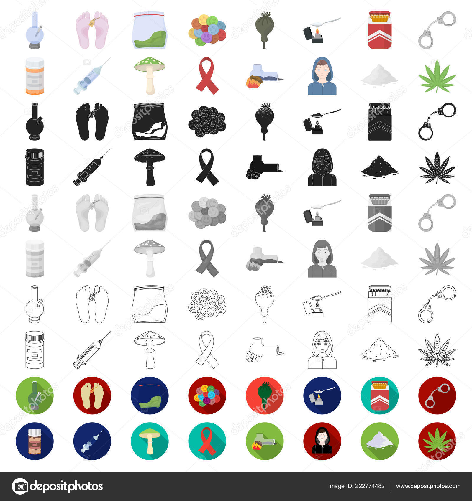 Drug addiction and attributes cartoon icons in set collection for ...