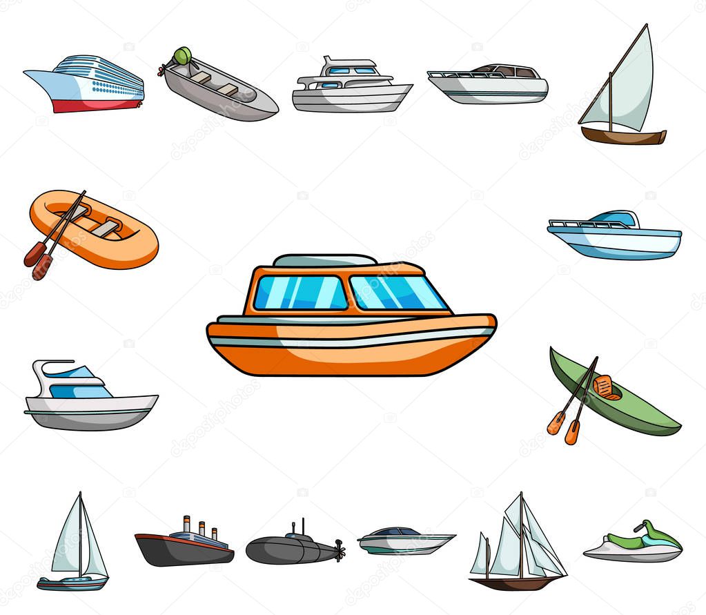 Iconos de dibujos animados de agua y transporte marítimo en la colección de conjuntos para el ...