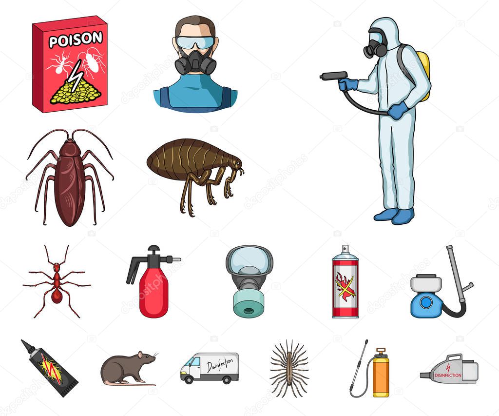 Iconos de dibujos animados de plagas, venenos, personal y equipos en la ...