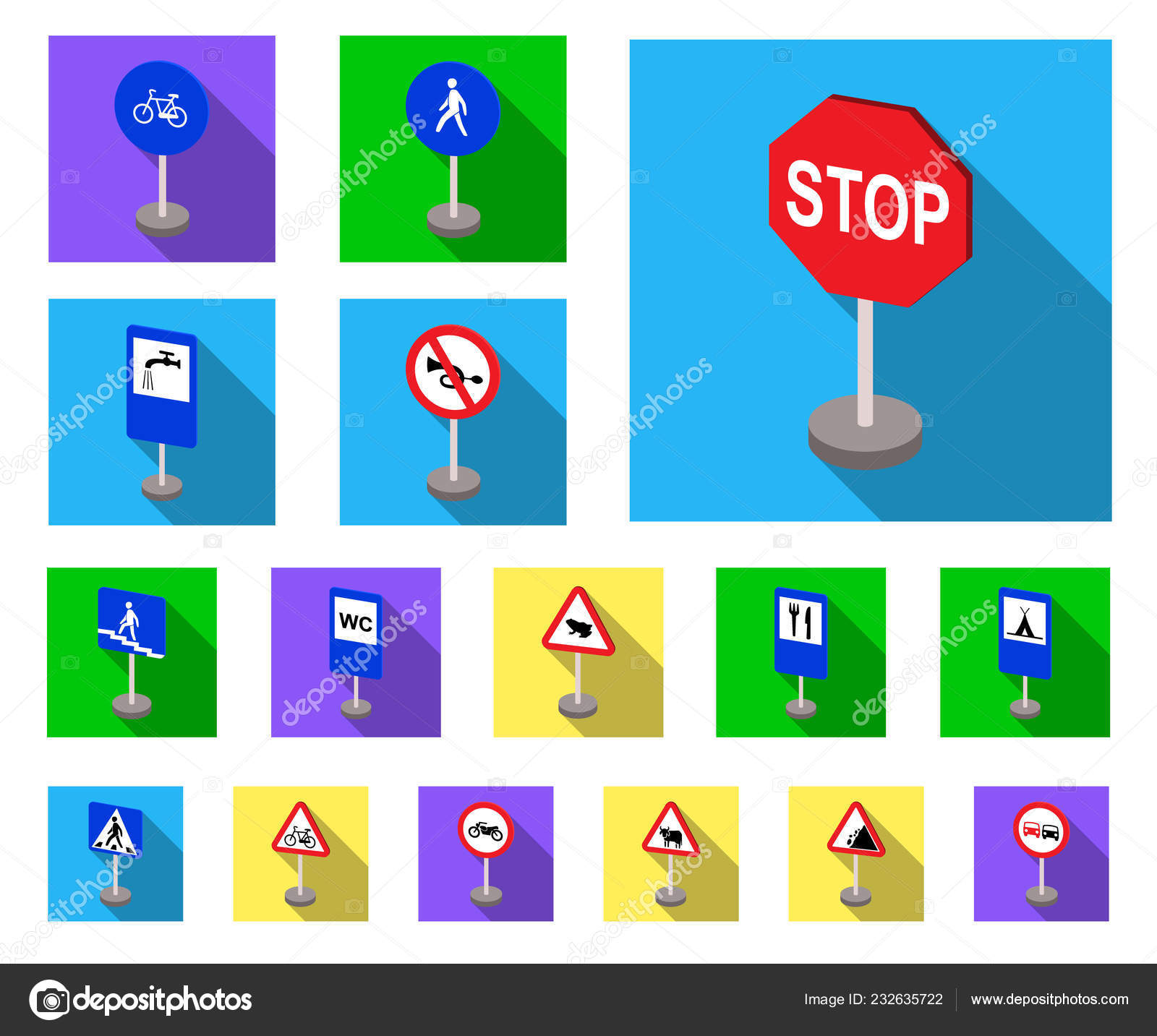Different types of road signs flat icons in set collection for design ...