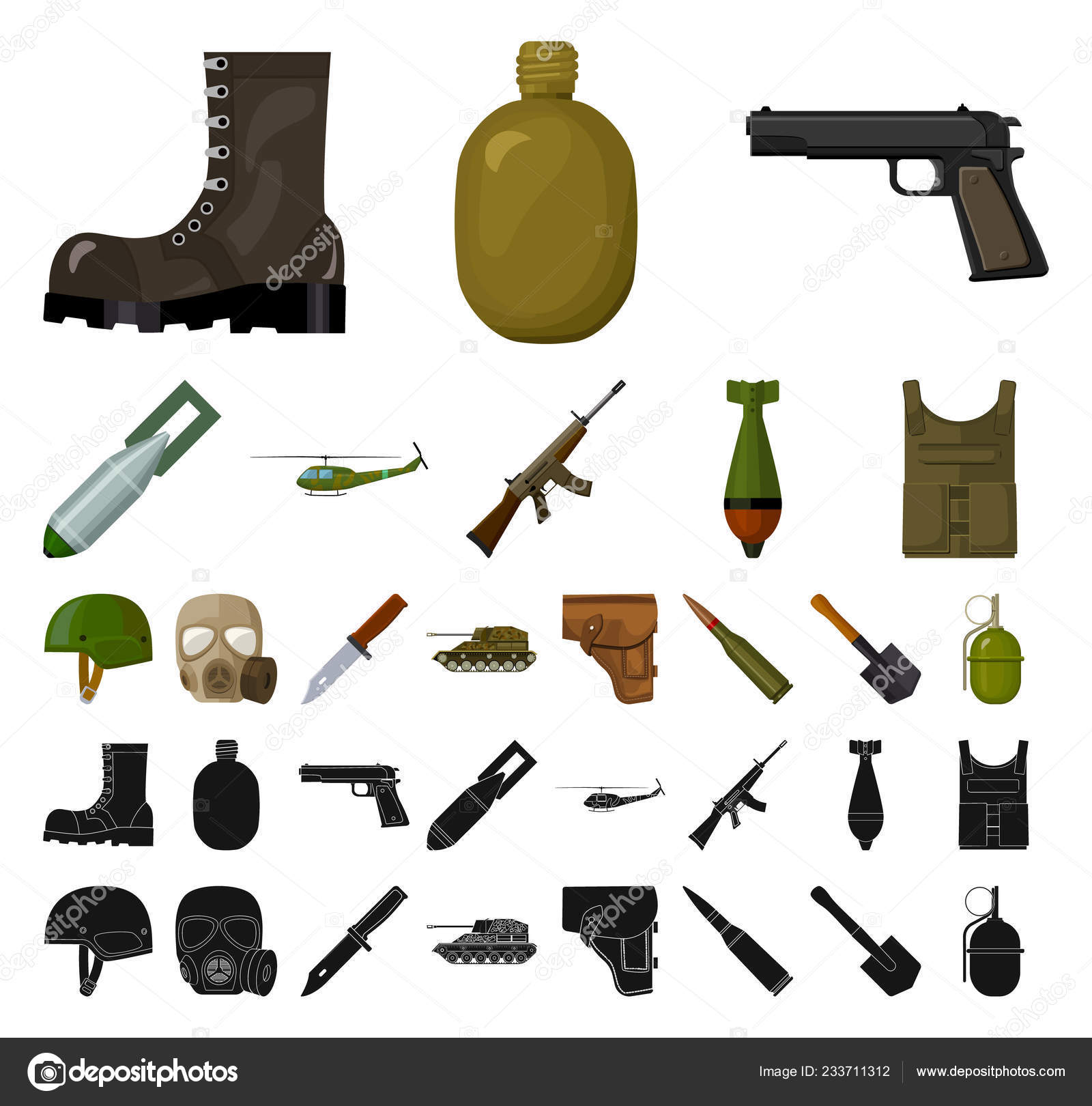 Image vectorielle Caricature de l'armée et de l'armement, icônes noires ...