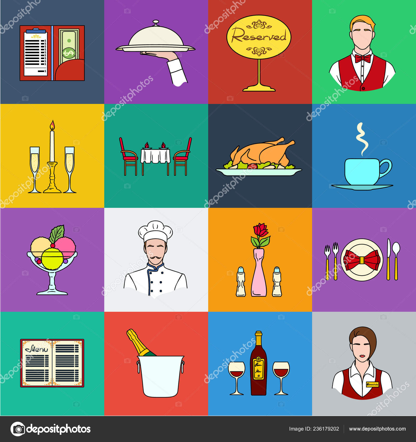 Iconos Dibujos Animados Restaurantes Bares Colección Conjuntos Para ...