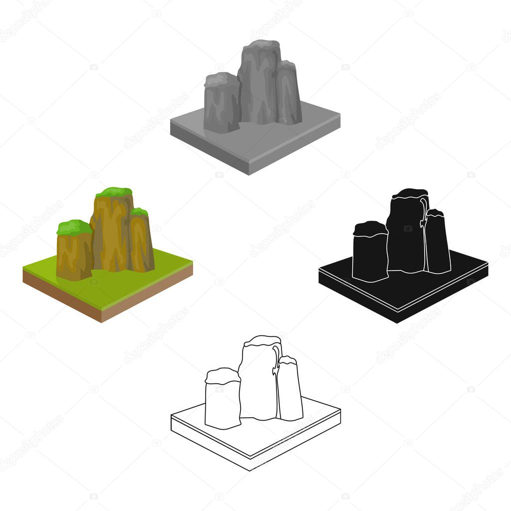 Montañas, rocas y paisaje. Relieve y montañas icono único en el estilo ...