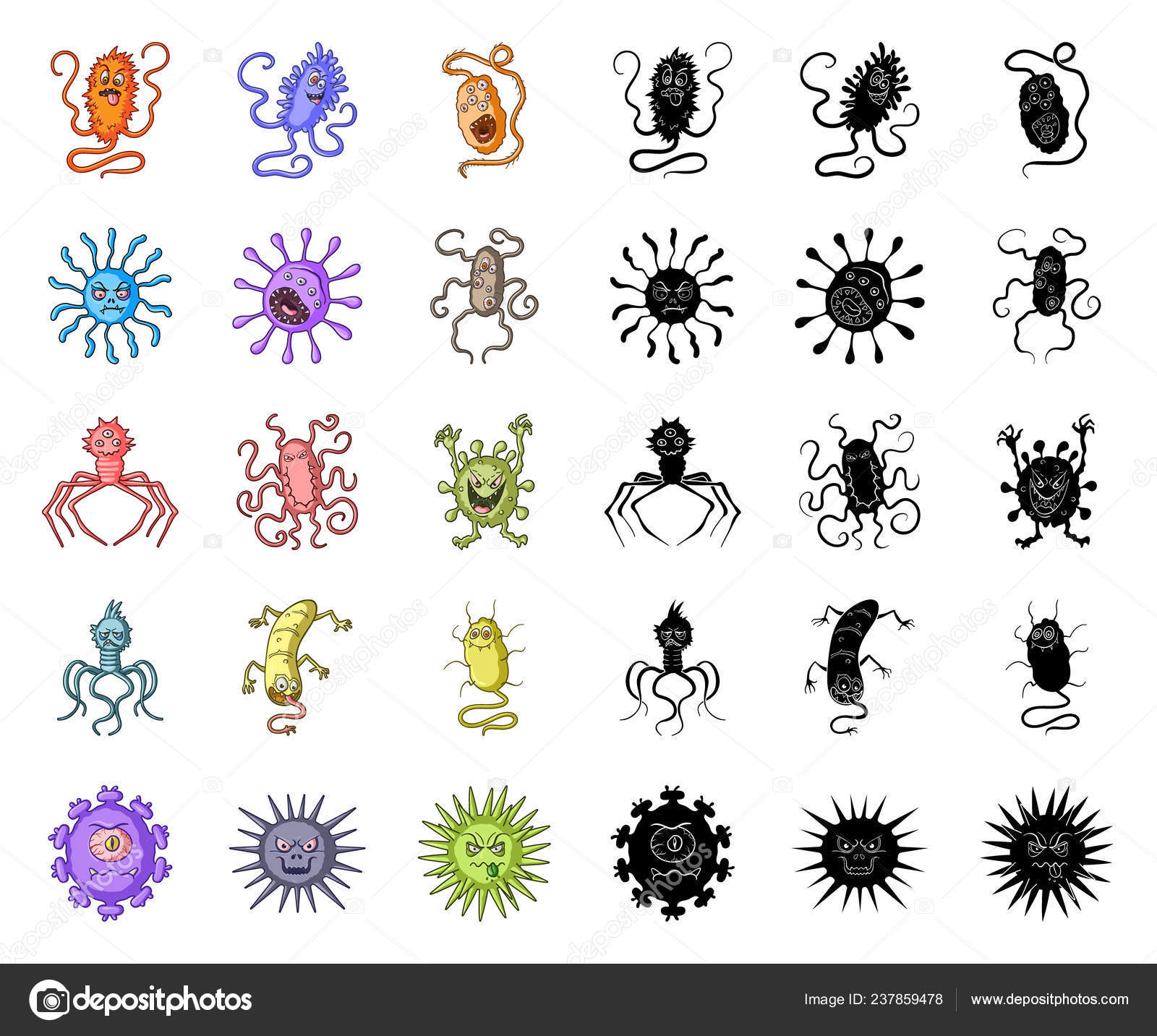Types of funny microbes cartoon,black icons in set collection for design. Microbes pathogenic ...
