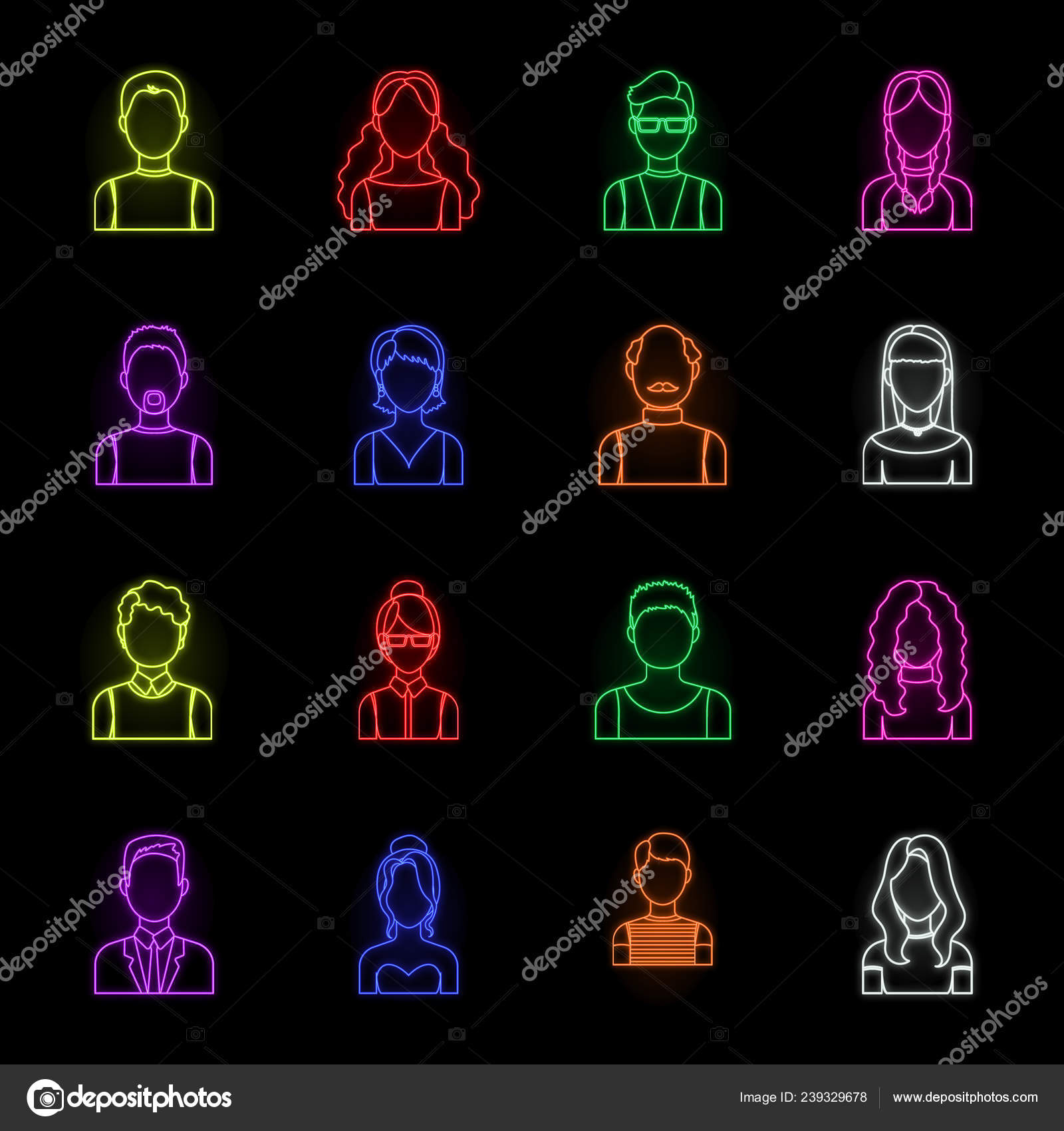 Avatar and face neon icons in set collection for design. A persons ...